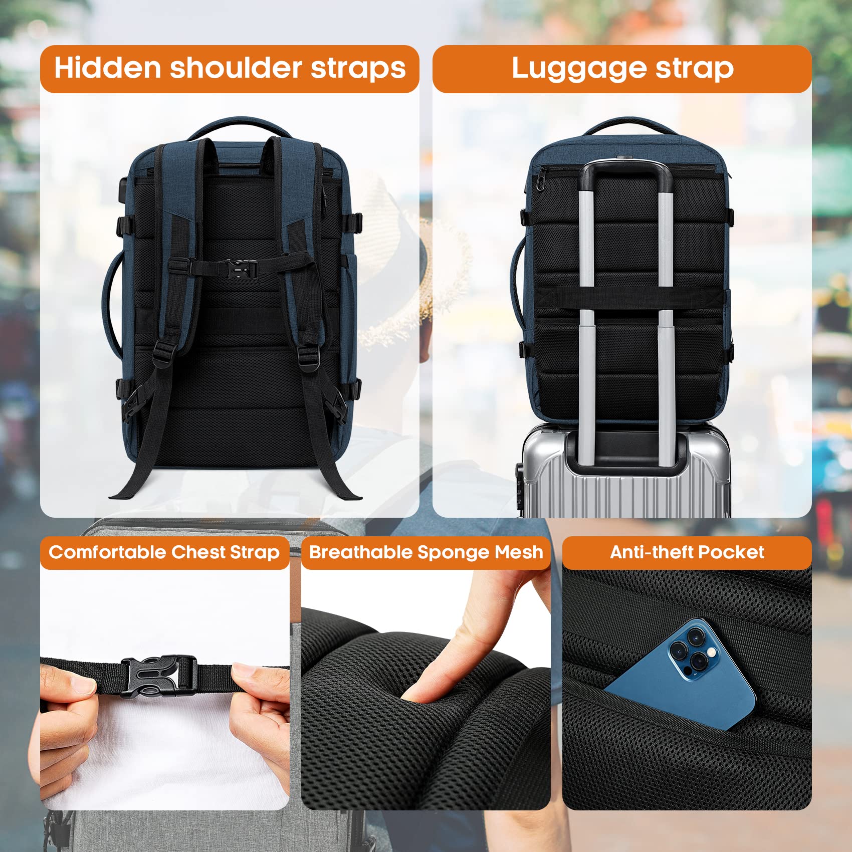 POWAITER Large Travel Backpack for Women Men Fits 17 Inch Laptop, Airline Approved Carry On Backpack with 4 Packing Cubes-Navy