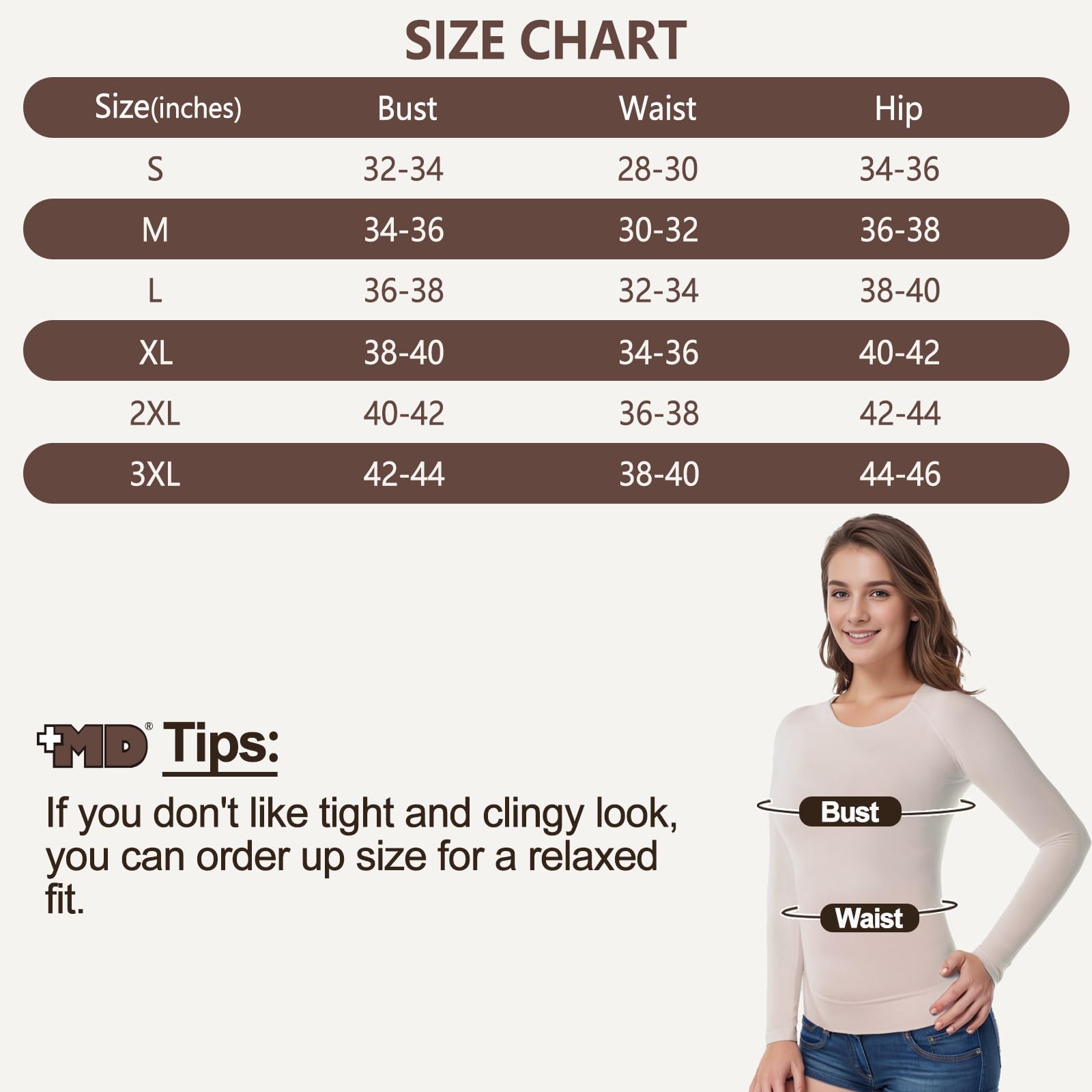 +MD Womens Long Sleeve Undershirts Tops, Round Neck Slim Fit Baselayer, Soft Thermal Underwear, Light Compression Shirt Underscrubs Nude X-Large