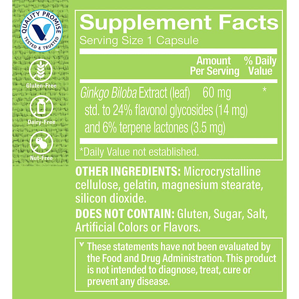 The Vitamin Shoppe Ginkgo Biloba Extract 60MG & 24% Ginkgo Flavonolglycosides, Supports Memory & Circulation, Healthy Aging Herbal Supplement (120 Capsules)