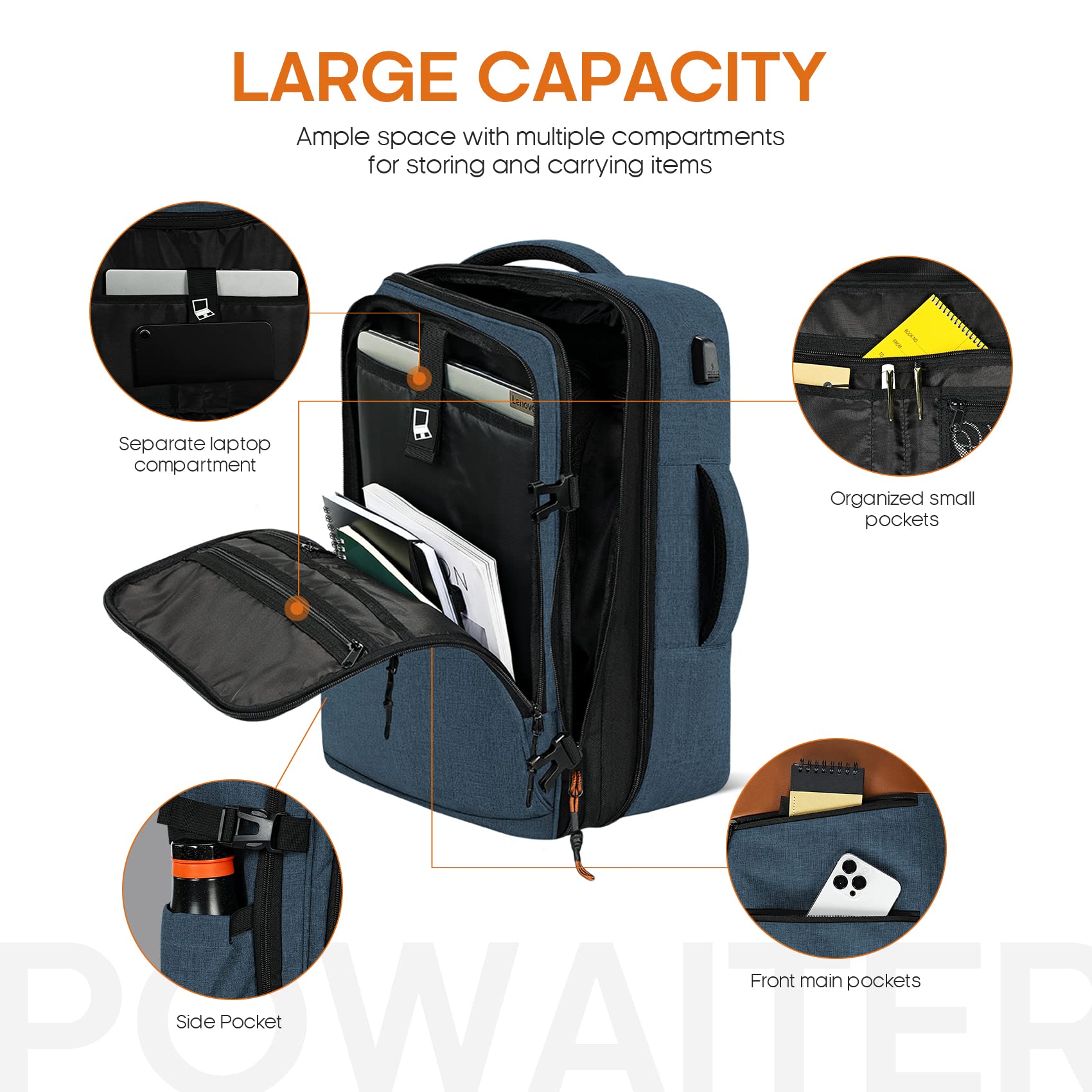 POWAITER Large Travel Backpack for Women Men Fits 17 Inch Laptop, Airline Approved Carry On Backpack with 4 Packing Cubes-Navy