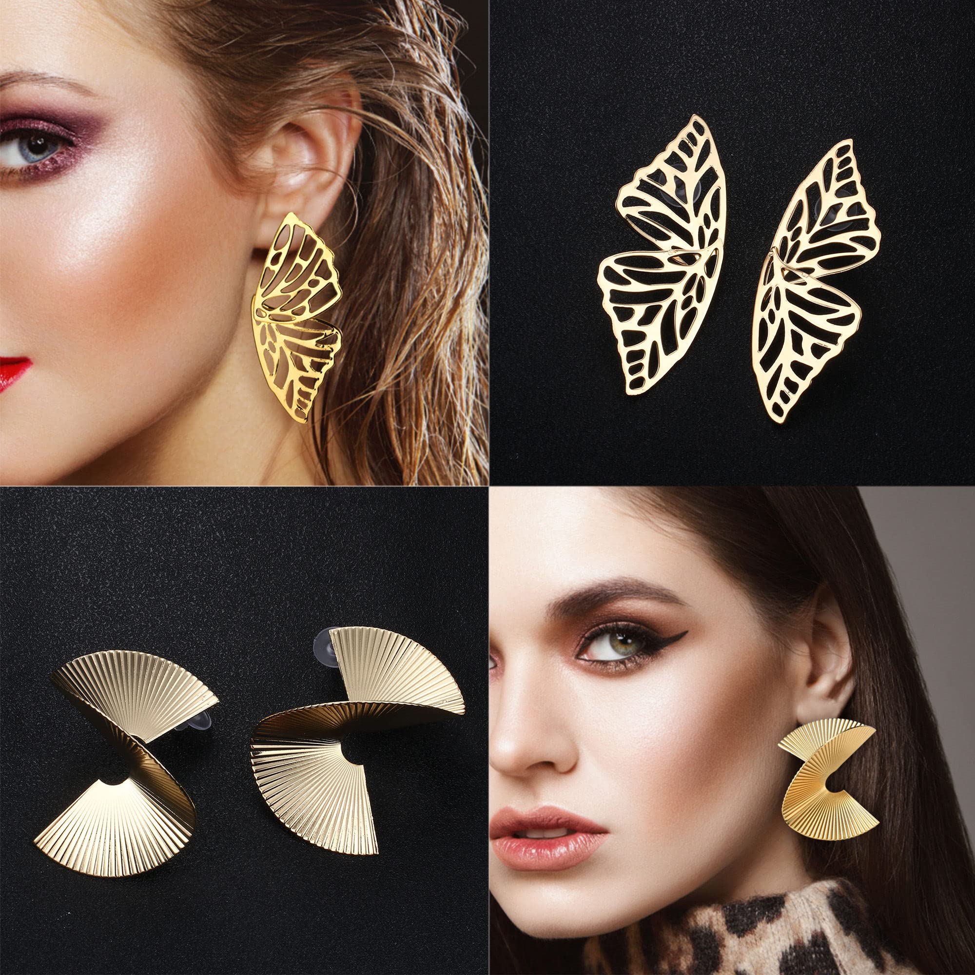 BESTEEL Gold Statement Earrings for Women Boho Large Gold Plated Drop Dangle Geometric Exaggerated Earrings Set Hypoallergenic Punk Stylish Sectored Twisted Flower Ginkgo Leaf Earrings Jewelry Multipack Gift 12 Pairs