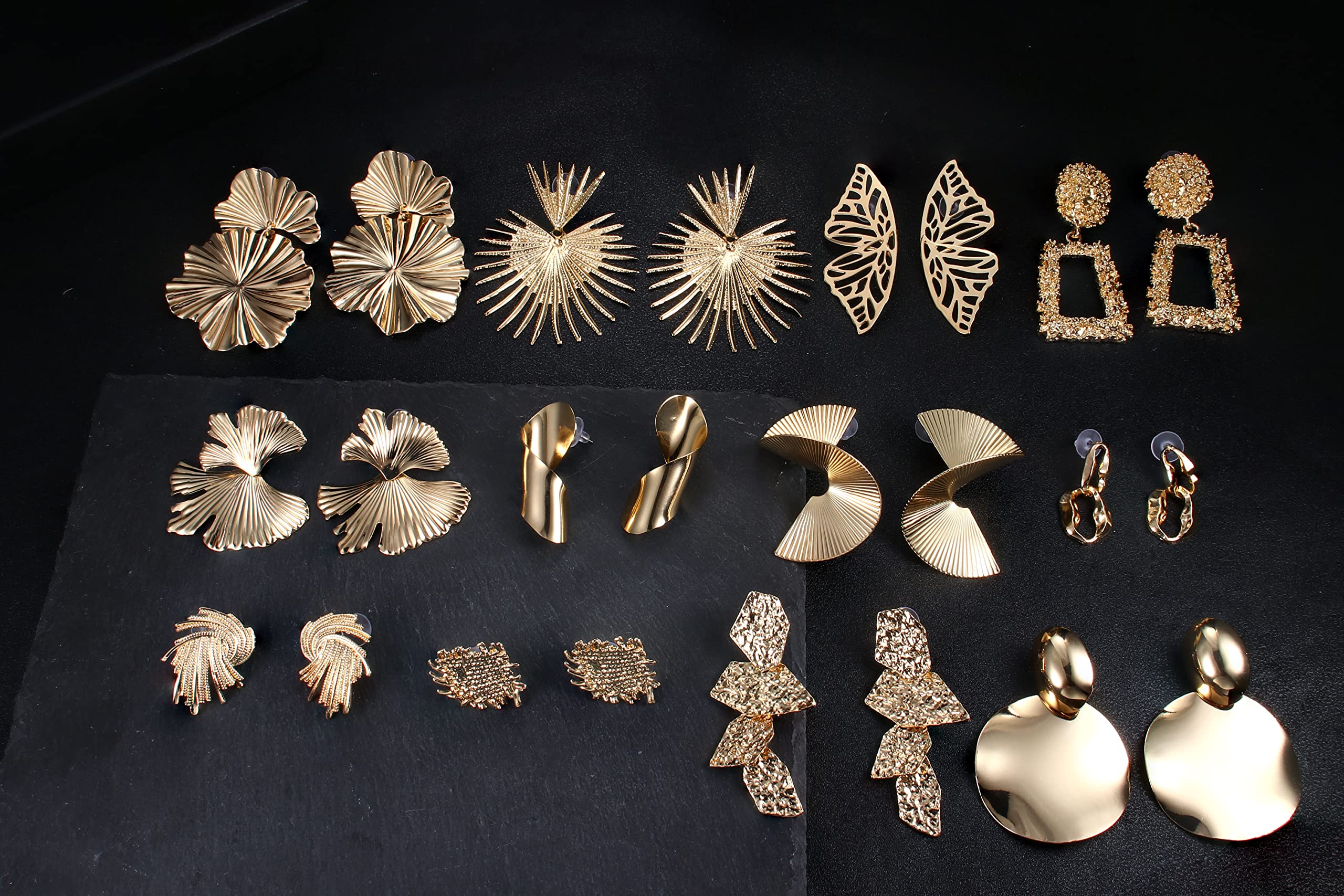 BESTEEL Gold Statement Earrings for Women Boho Large Gold Plated Drop Dangle Geometric Exaggerated Earrings Set Hypoallergenic Punk Stylish Sectored Twisted Flower Ginkgo Leaf Earrings Jewelry Multipack Gift 12 Pairs