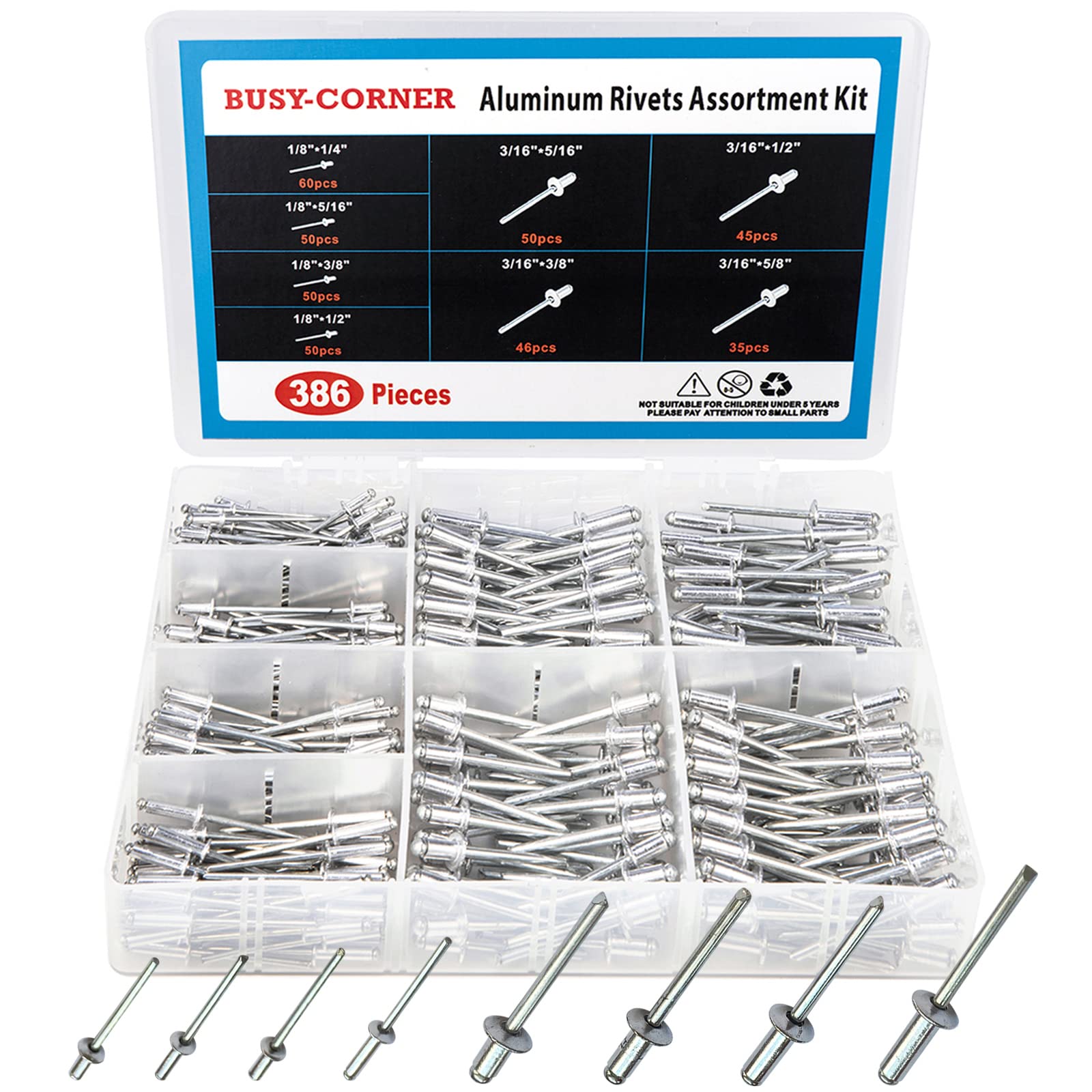 386pcs 8 Sizes Aluminum Blind Rivets, Pop Rivets Assortment Kit (1/8'' x 1/4'', 1/8'' x 5/16'', 1/8'' x 3/8'', 1/8'' x 1/2'', 3/16'' x 5/16'', 3/16'' x 3/8'', 3/16'' x 1/2'', 3/16'' x 5/8'')