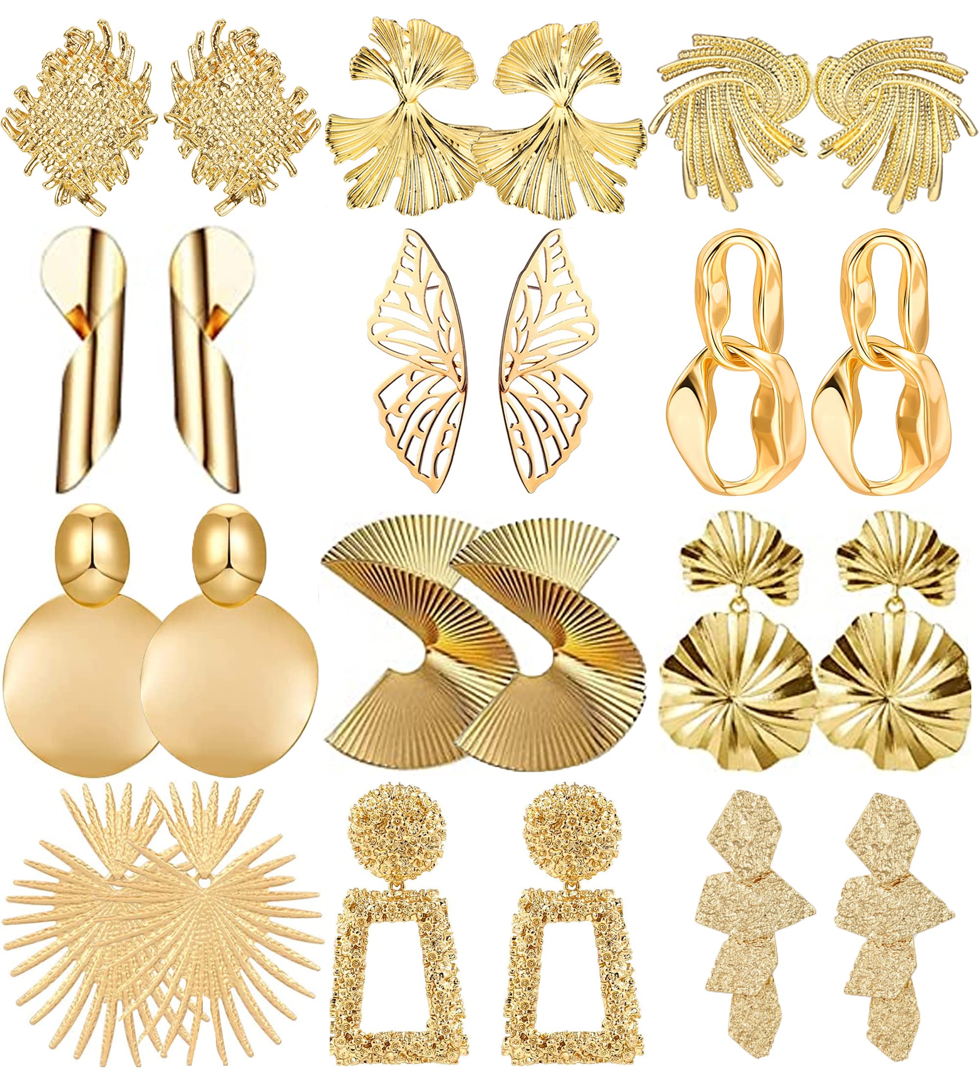 BESTEEL Gold Statement Earrings for Women Boho Large Gold Plated Drop Dangle Geometric Exaggerated Earrings Set Hypoallergenic Punk Stylish Sectored Twisted Flower Ginkgo Leaf Earrings Jewelry Multipack Gift 12 Pairs