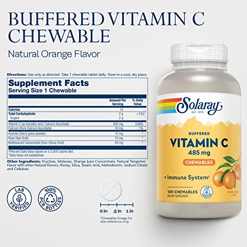 SOLARAY Chewable Vitamin C, Buffered, Natural Orange Flavor w/ Rose Hips & Acerola Cherry, 100 Chewables