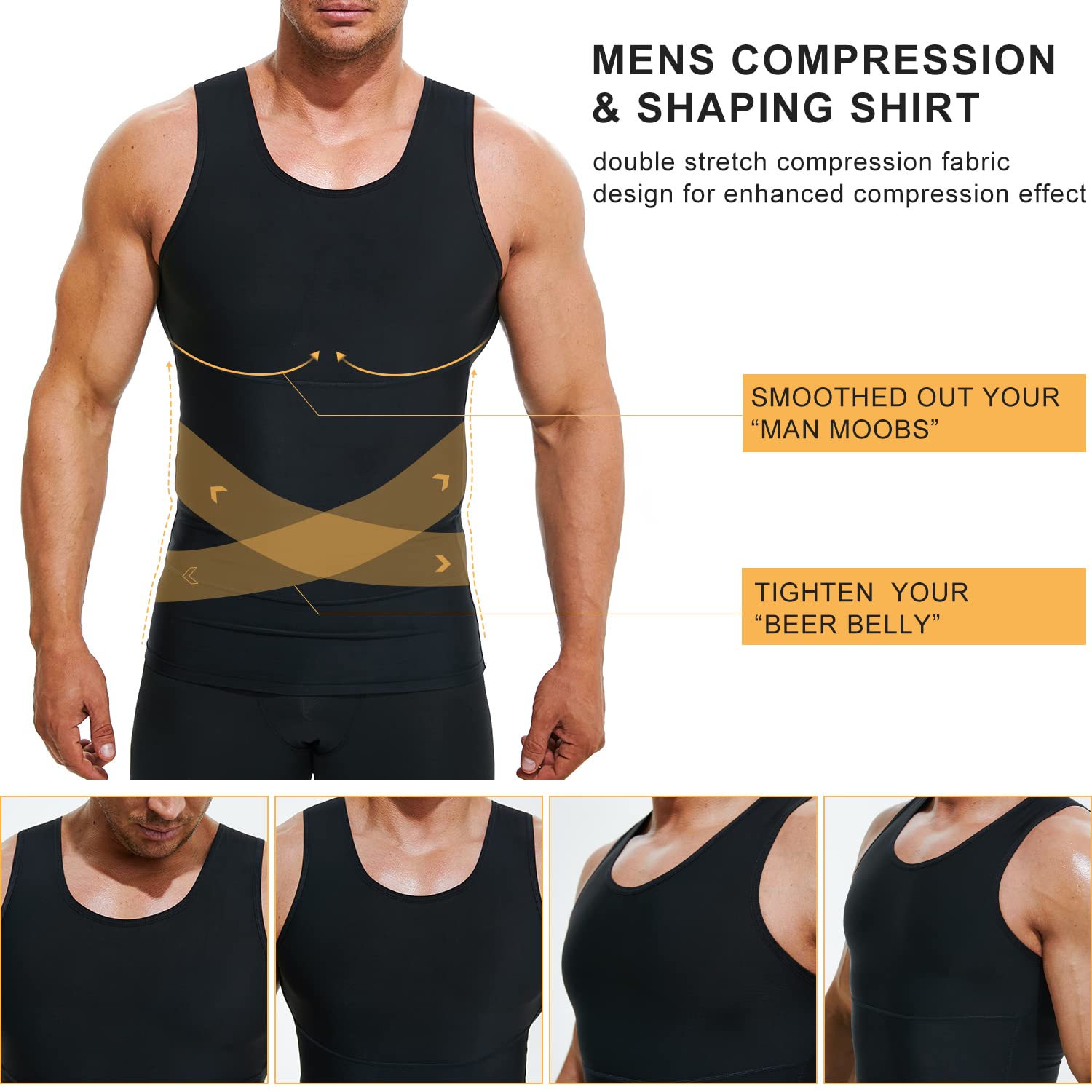 Mens Compression Shirt Slimming Undershirt Body Shaper Vest Workout Tank Tops Shapewear Abs Abdomen Black