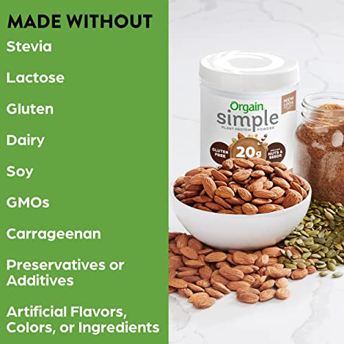 Orgain Simple Organic Vegan Protein Powder, Chocolate - 20g of Plant Based, Made with Fewer Ingredients and Without Dairy, Gluten and Stevia, Kosher, Non-GMO, 1.25 Lb (Packaging May Vary)