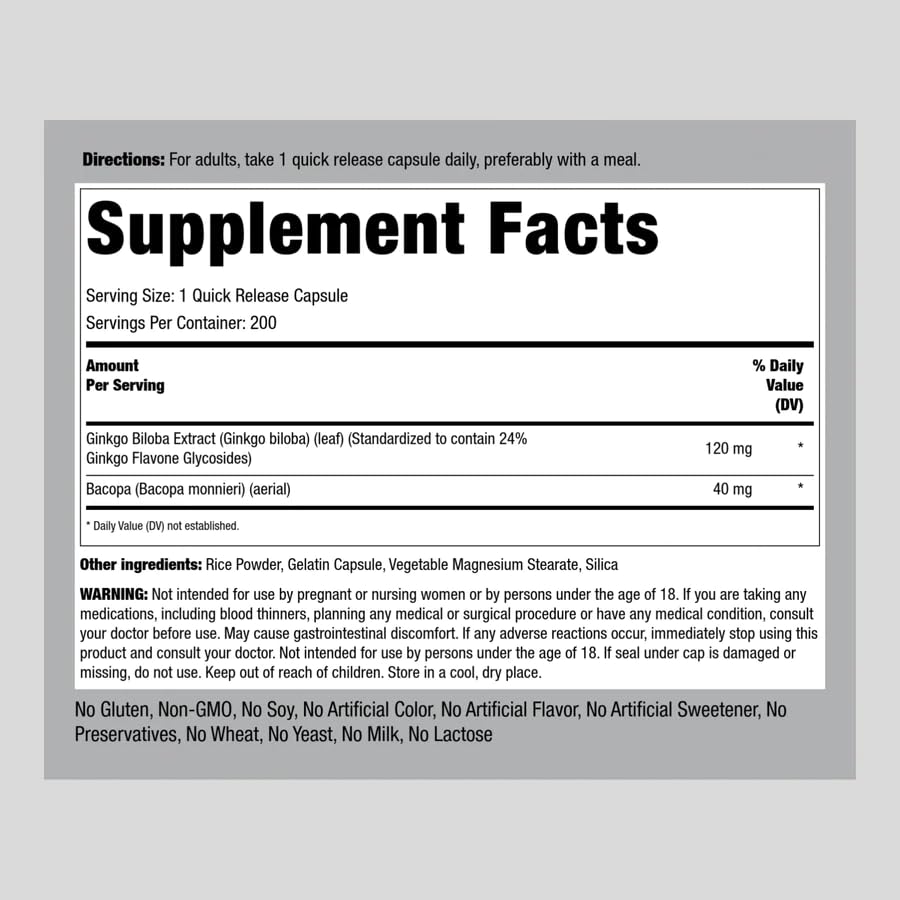 Piping Rock Ginkgo Biloba 120mg | 200 Capsules | Standardized Extract Supplement | Non-GMO, Gluten Free