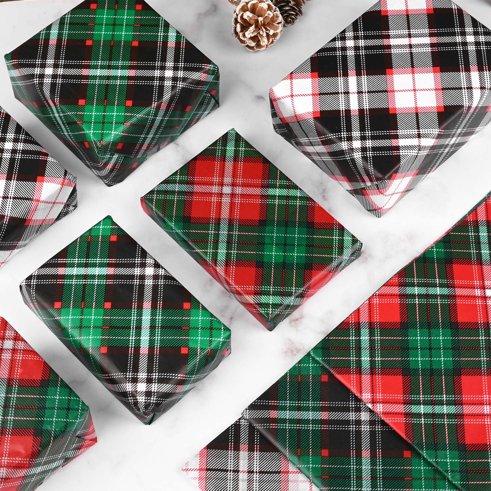 Bolsome 90 Sheets Christmas Buffalo Plaid Tissue Bulk for Gift Wrapping, Red Black White Green Plaid Tissue Paper for Gift Bags, Rustic Tissue Paper for Winter Holidays Xmas New Year DIY Craft