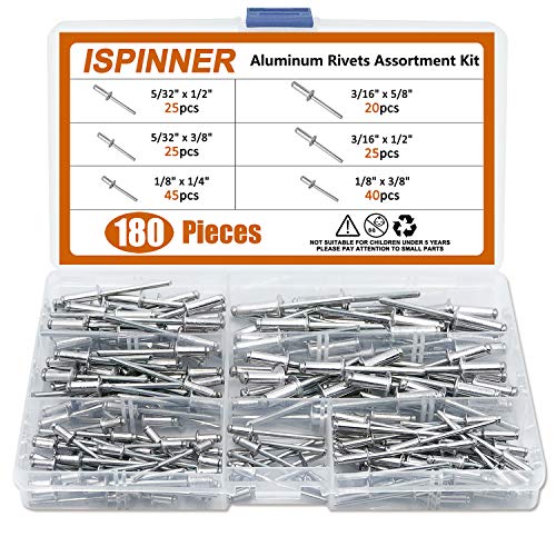 ISPINNER 180pcs 6 Sizes Aluminum Blind Rivets, Pop Rivets Assortment Kit (Silver)