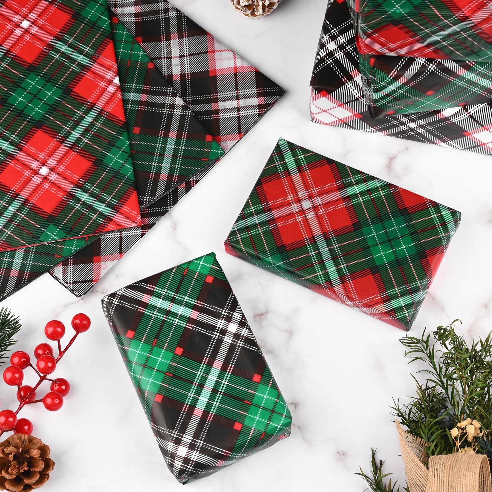 Bolsome 90 Sheets Christmas Buffalo Plaid Tissue Bulk for Gift Wrapping, Red Black White Green Plaid Tissue Paper for Gift Bags, Rustic Tissue Paper for Winter Holidays Xmas New Year DIY Craft