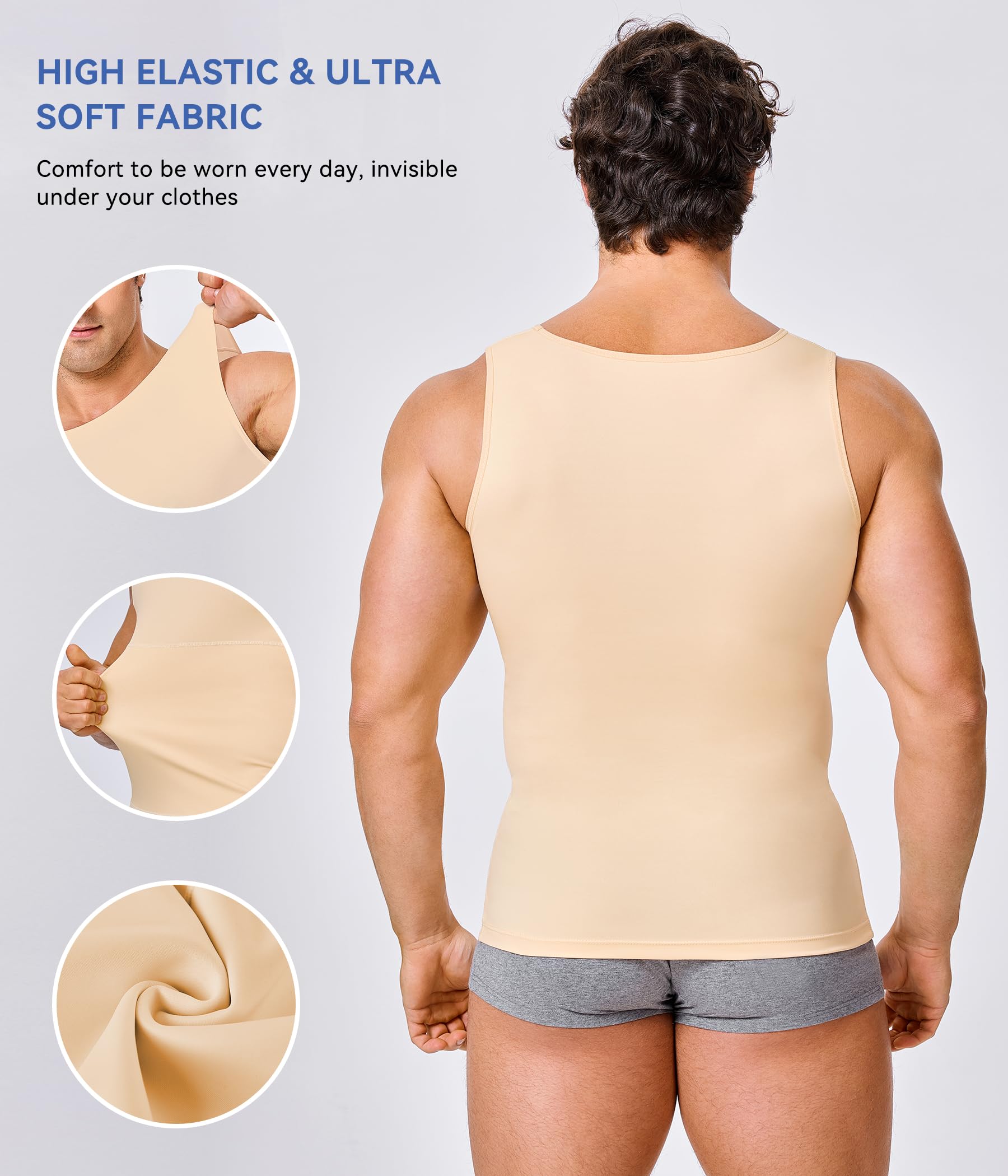 Eleady Mens Slimming Body Shaper Vest Compression Shirt Abs Abdomen Shapewear Workout Tank Top Undershirt (Small, Beige Tops)