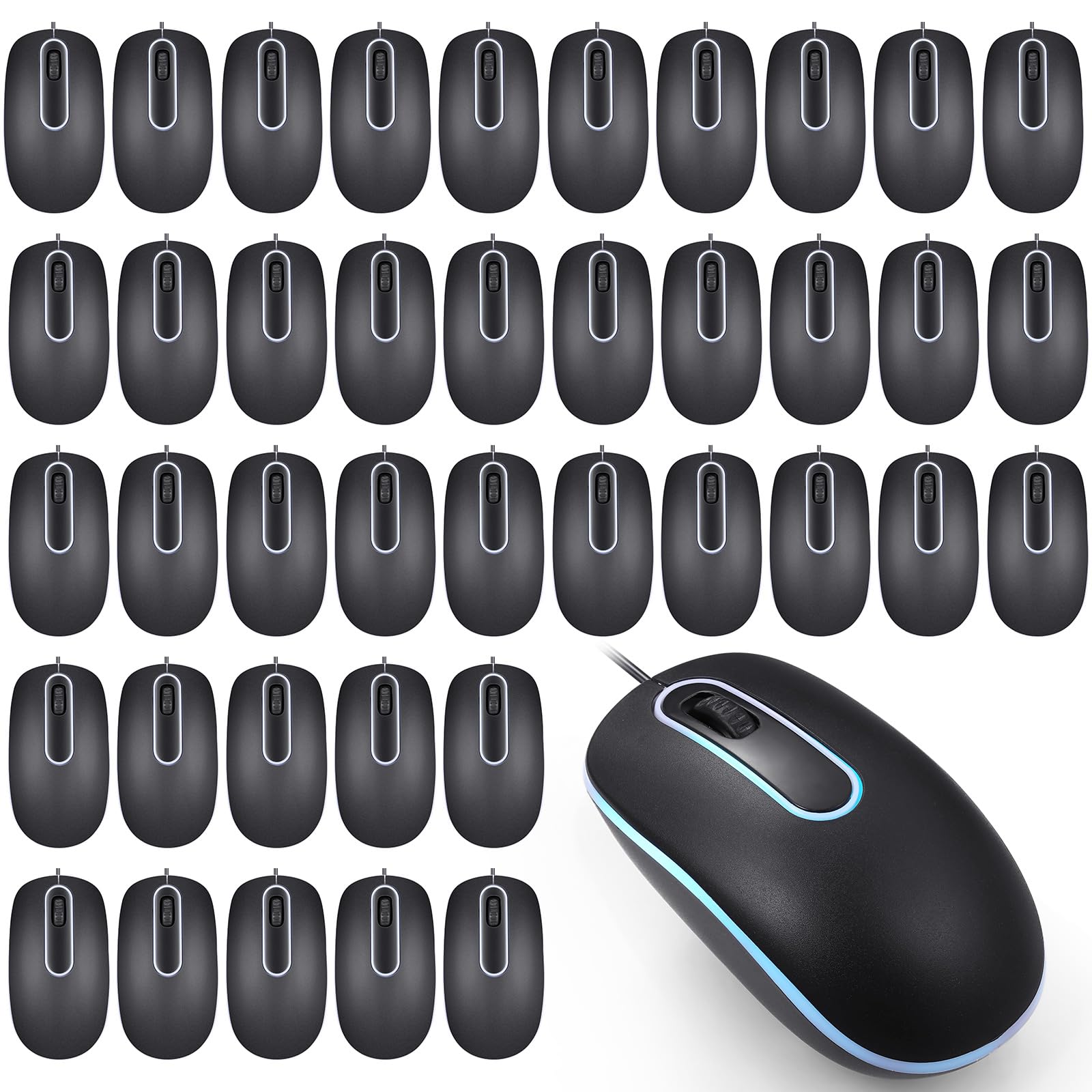 Xuhal 50 Pcs Black USB Wired Mouse Bulk 1000 DPI 3 Button Corded Computer Mouse Multicolor Light Cable Mouse Gaming Mouse Office Home Optical Mice Simple USB Mouse for Computer Laptop Desktop PC