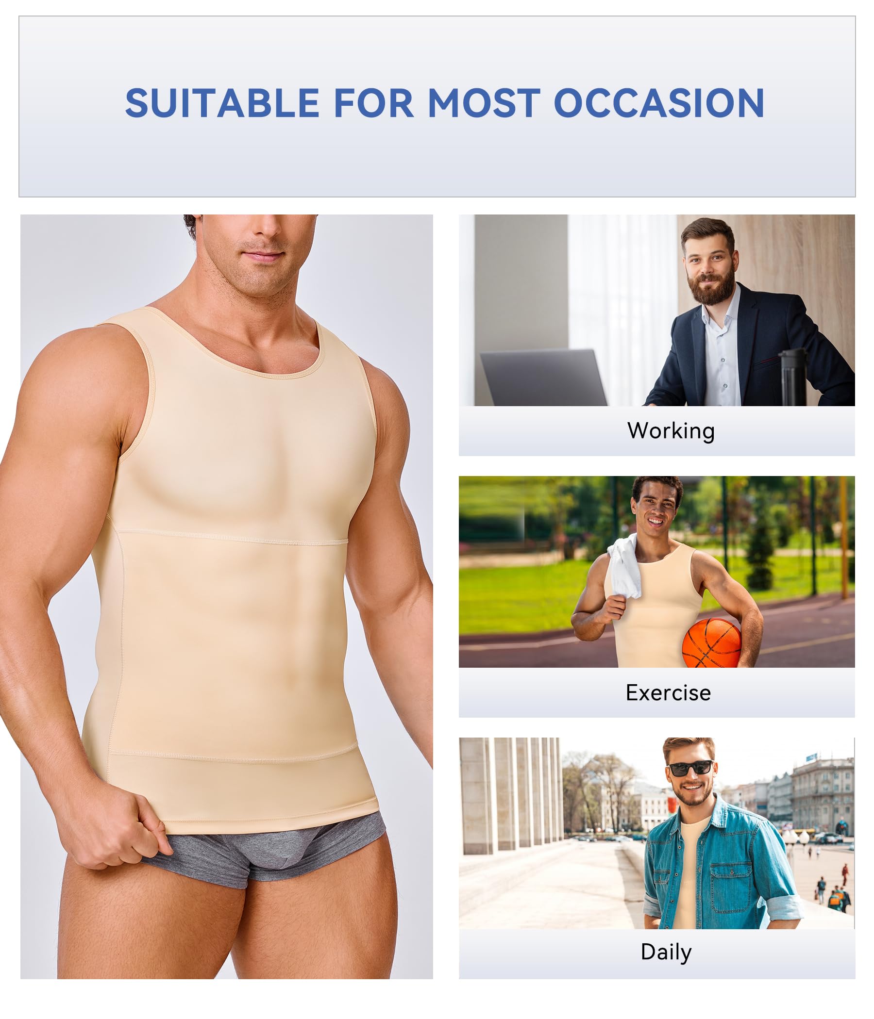 Eleady Mens Slimming Body Shaper Vest Compression Shirt Abs Abdomen Shapewear Workout Tank Top Undershirt (Small, Beige Tops)