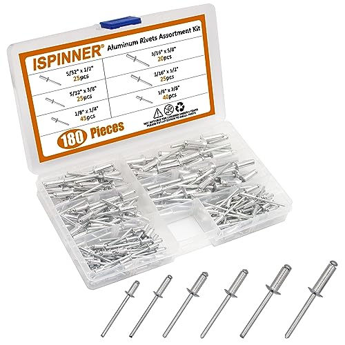 ISPINNER 180pcs 6 Sizes Aluminum Blind Rivets, Pop Rivets Assortment Kit (Silver)