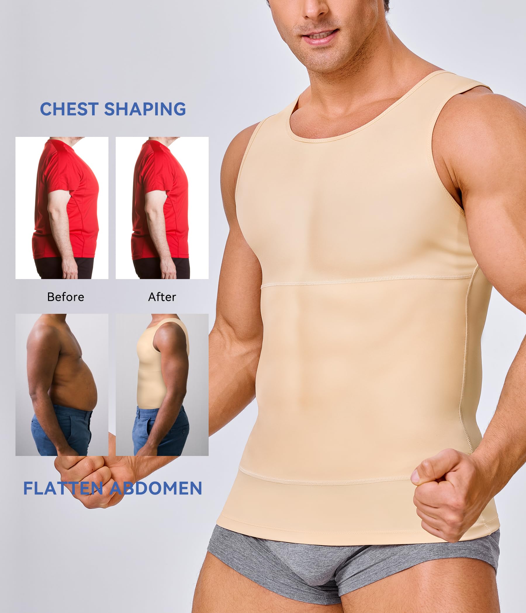 Eleady Mens Slimming Body Shaper Vest Compression Shirt Abs Abdomen Shapewear Workout Tank Top Undershirt (Small, Beige Tops)