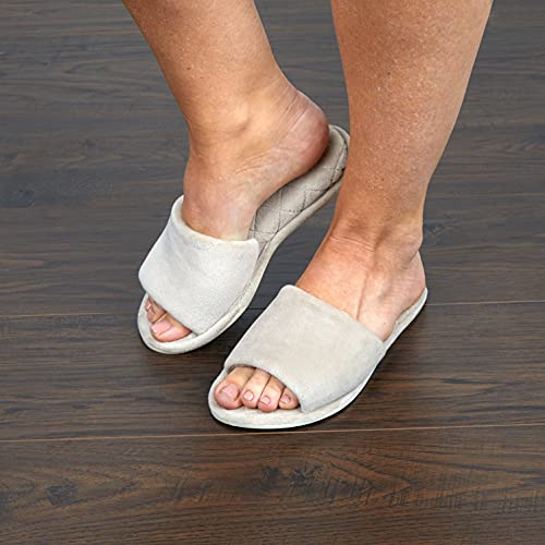 Dearfoams Women's Beatrice Velour Slide Slipper, Pewter, Medium