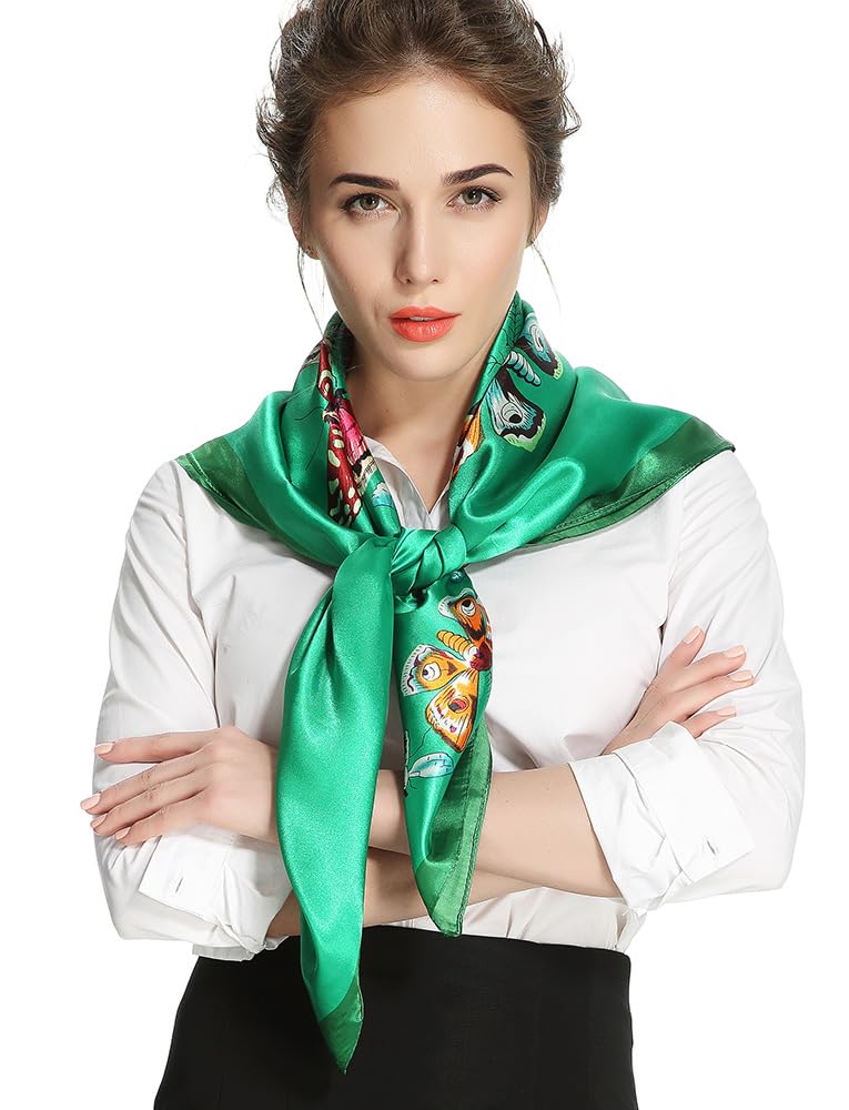 corciova 35 Silk Feeling Square Scarf Butterfly Dark Green Curly Headband Tie Sleeping at Night Fashion Bandana Headscarf