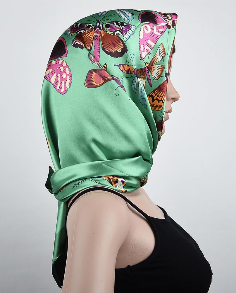 corciova 35 Silk Feeling Square Scarf Butterfly Dark Green Curly Headband Tie Sleeping at Night Fashion Bandana Headscarf