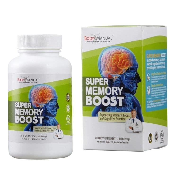 Body Manual Super Memory Boost | Enhances Brain Function & Memory | Turmeric & Pterostilbene to Reduce Inflammation | Ginkgo Biloba, Vitamin D, B5, B12, Folate (60 Serving)