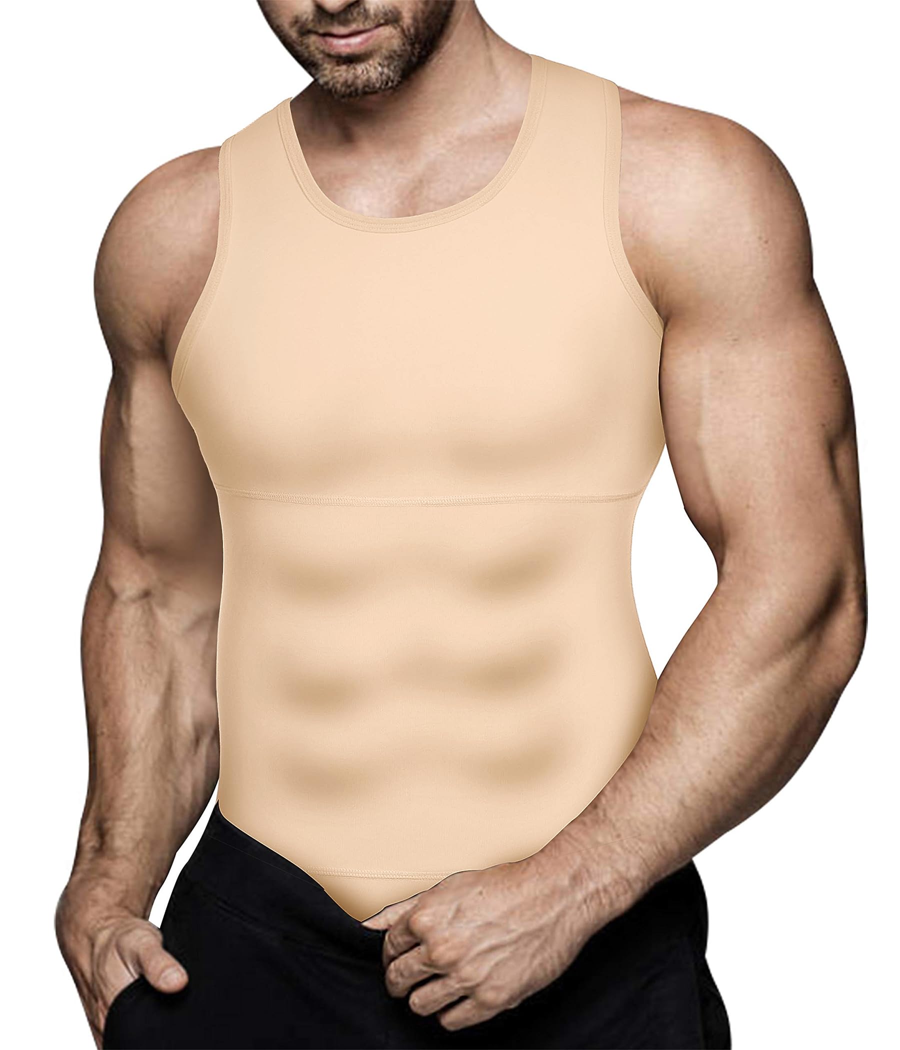 Eleady Mens Slimming Body Shaper Vest Compression Shirt Abs Abdomen Shapewear Workout Tank Top Undershirt (Small, Beige Tops)