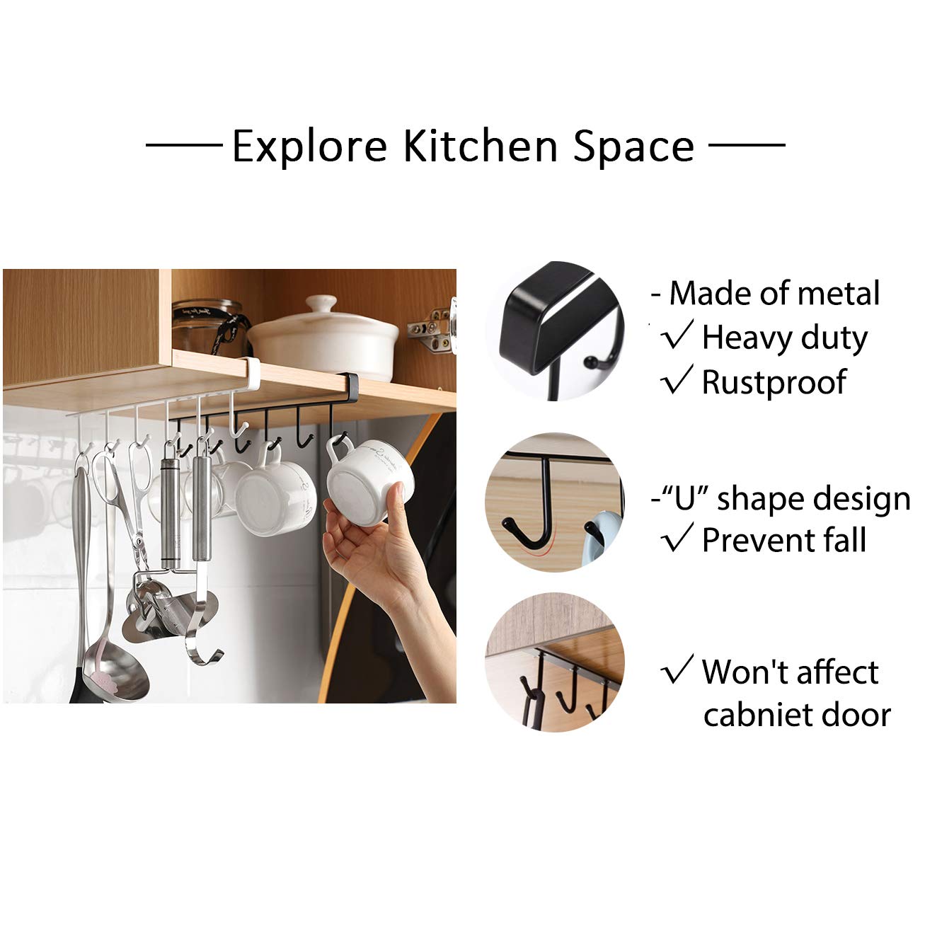 Art Secret 6-Hook Under Cabinet Mug Hanger (a- 3pcs White)