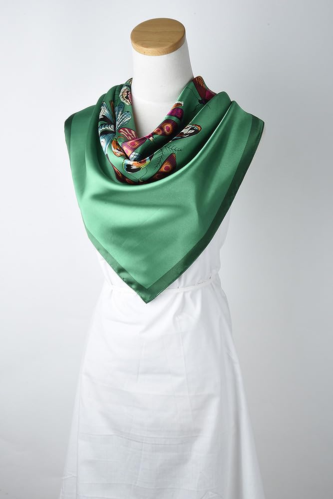 corciova 35 Silk Feeling Square Scarf Butterfly Dark Green Curly Headband Tie Sleeping at Night Fashion Bandana Headscarf
