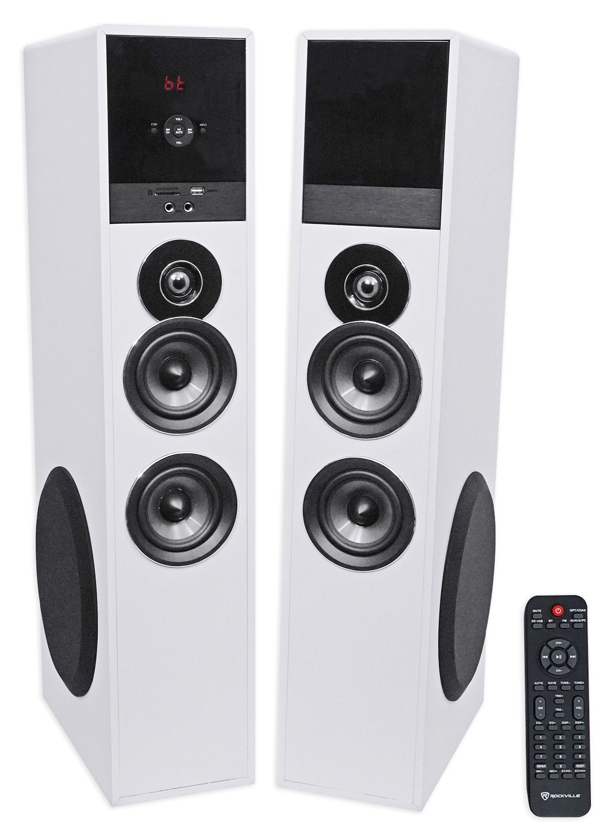 Rockville (1 TM80W White Powered Home Theater Tower Speakers 8" Sub/Bluetooth/USB Bundle with (1) Mini WiFi Music Player Wireless Audio Streaming Multiroom Stereo Receiver (2 Items)
