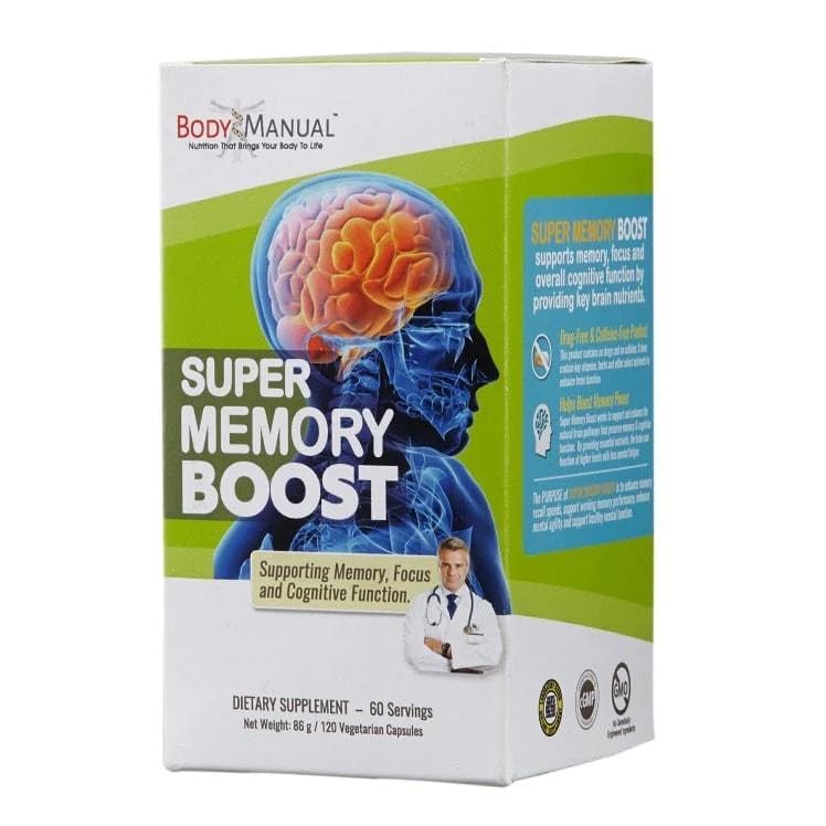 Body Manual Super Memory Boost | Enhances Brain Function & Memory | Turmeric & Pterostilbene to Reduce Inflammation | Ginkgo Biloba, Vitamin D, B5, B12, Folate (60 Serving)