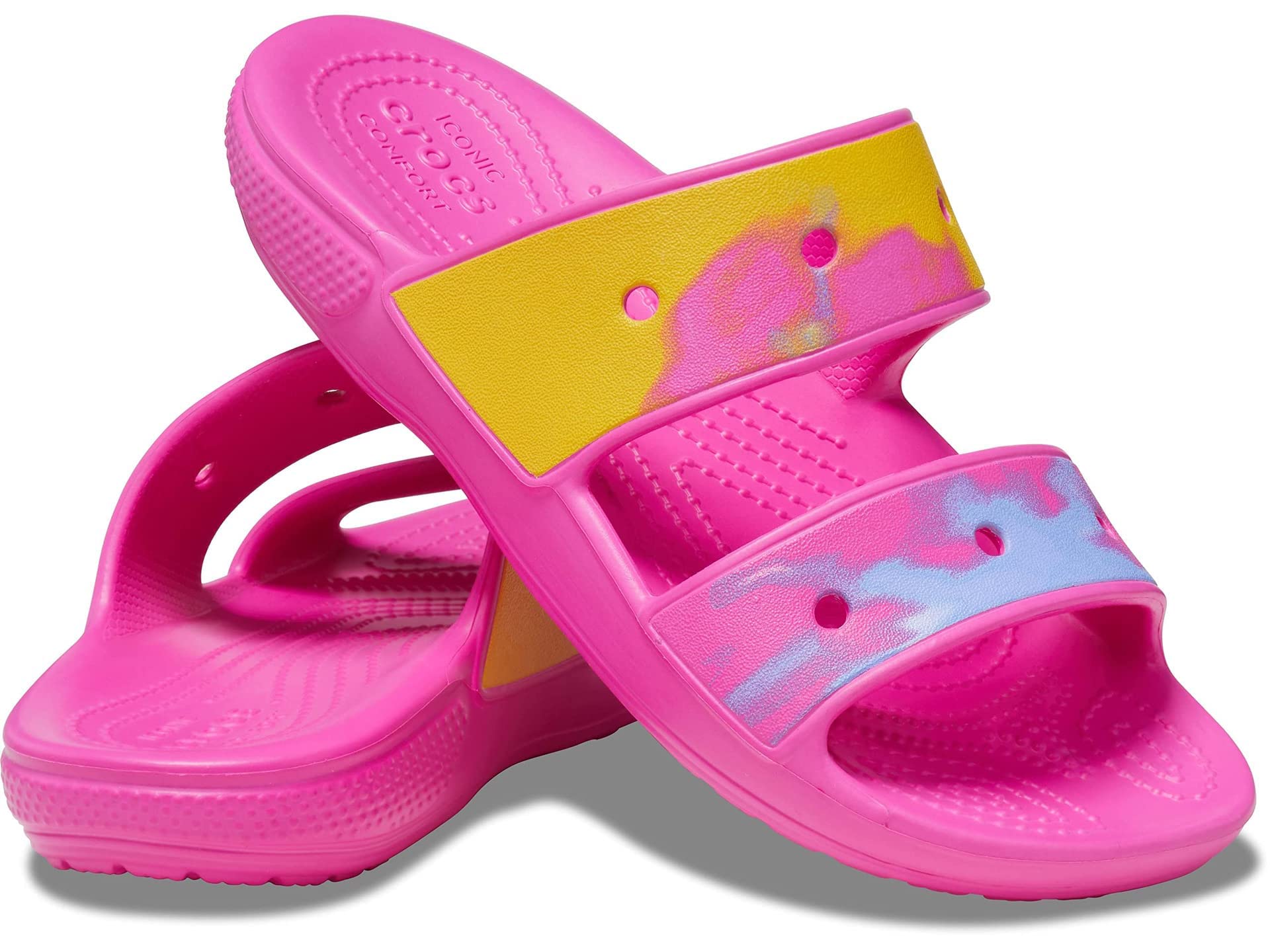 Crocs Unisex Classic Graphic Two-Strap Slide Sandals, Juice/Multi, Numeric_5 US Men