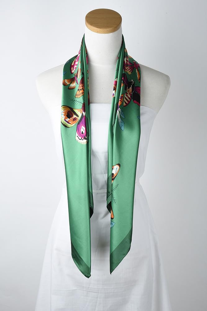 corciova 35 Silk Feeling Square Scarf Butterfly Dark Green Curly Headband Tie Sleeping at Night Fashion Bandana Headscarf