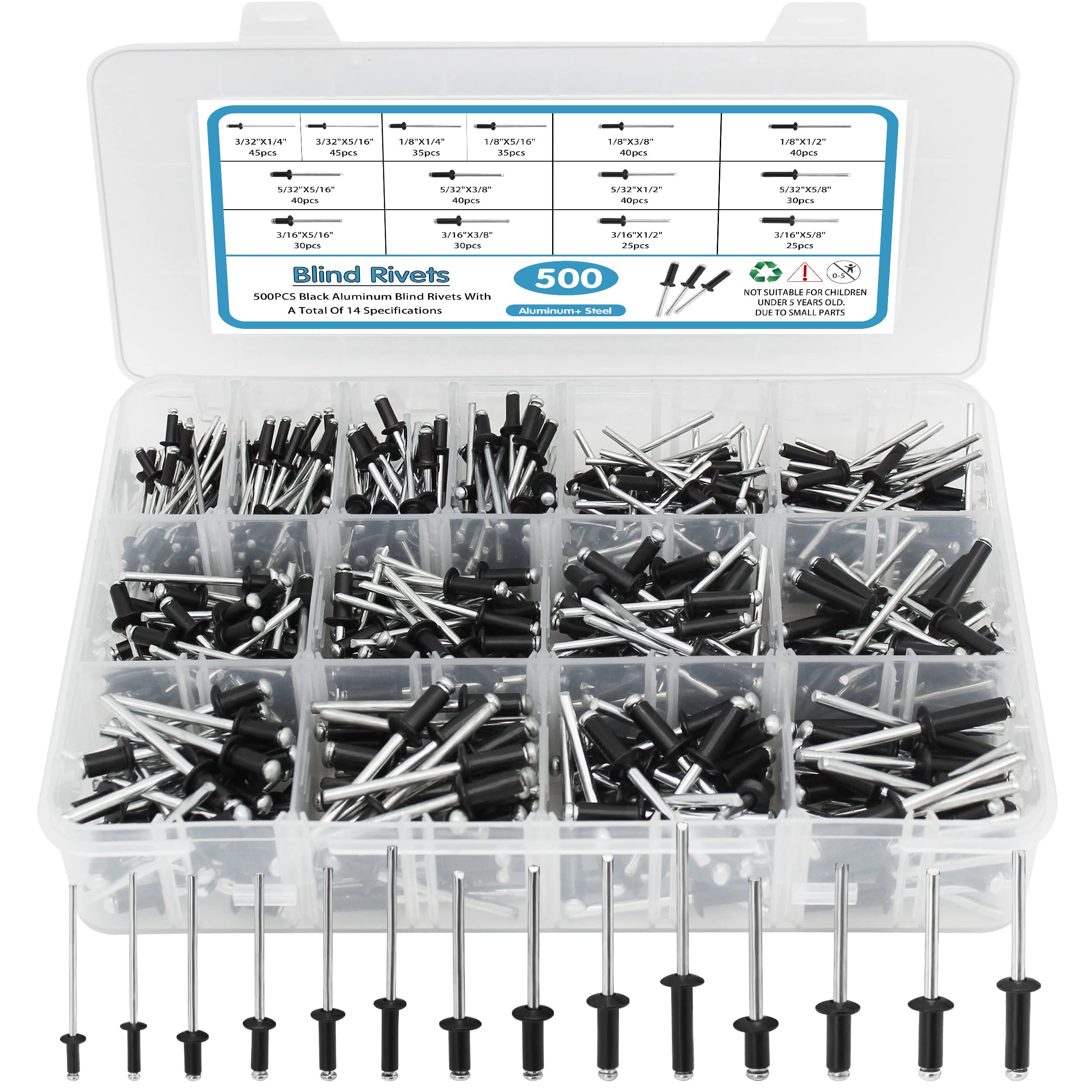 SATANTECH 500pcs Black Rivets Pop Rivets Assortment Kit, 14 SAE Sizes Aluminum Rivets (3/32" 1/8" 5/32" 3/16"), Assorted Blind Rivets with Reinfored Divider & Labeled Case for Storage