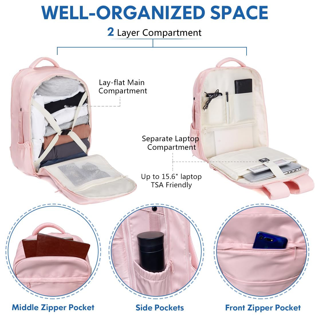 COW STAUNCH Travel Backpack for Women, 35L Flight Approved Carry On Backpack, Expandable Luggage Personal Item Backpack, 15.6 Inch Lightweight Business College Laptop Daypack, Pink