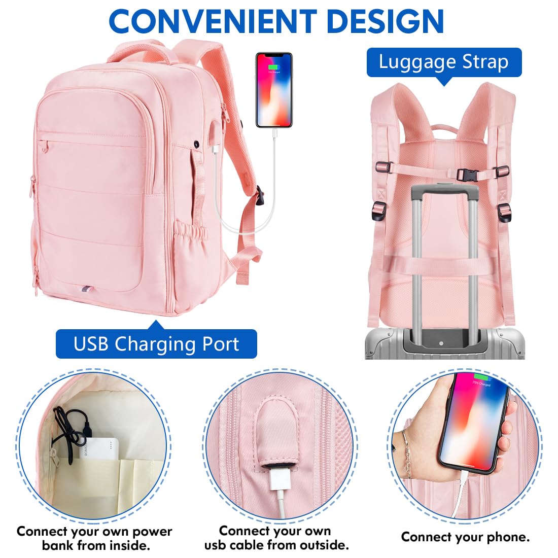 COW STAUNCH Travel Backpack for Women, 35L Flight Approved Carry On Backpack, Expandable Luggage Personal Item Backpack, 15.6 Inch Lightweight Business College Laptop Daypack, Pink