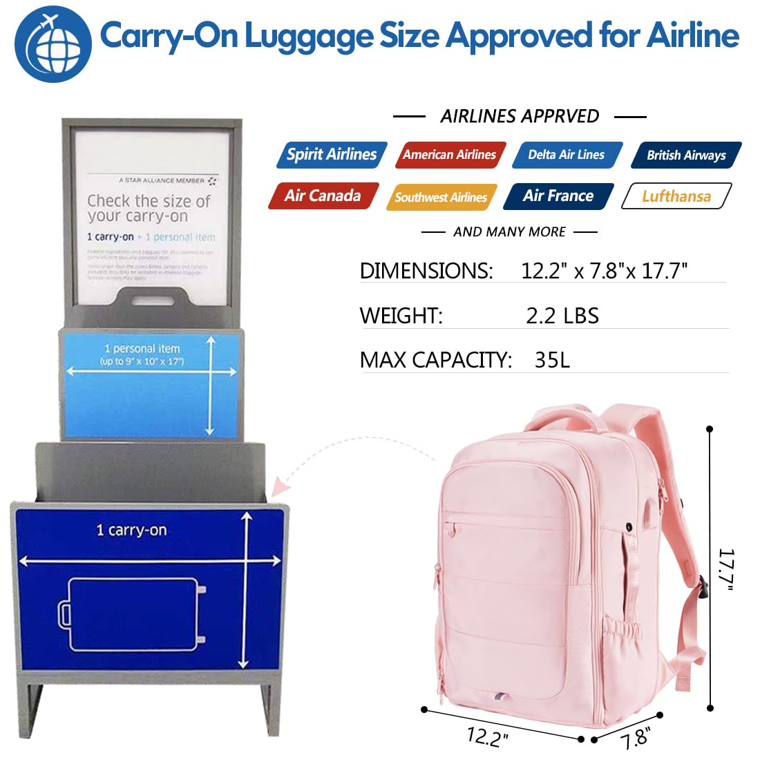 COW STAUNCH Travel Backpack for Women, 35L Flight Approved Carry On Backpack, Expandable Luggage Personal Item Backpack, 15.6 Inch Lightweight Business College Laptop Daypack, Pink