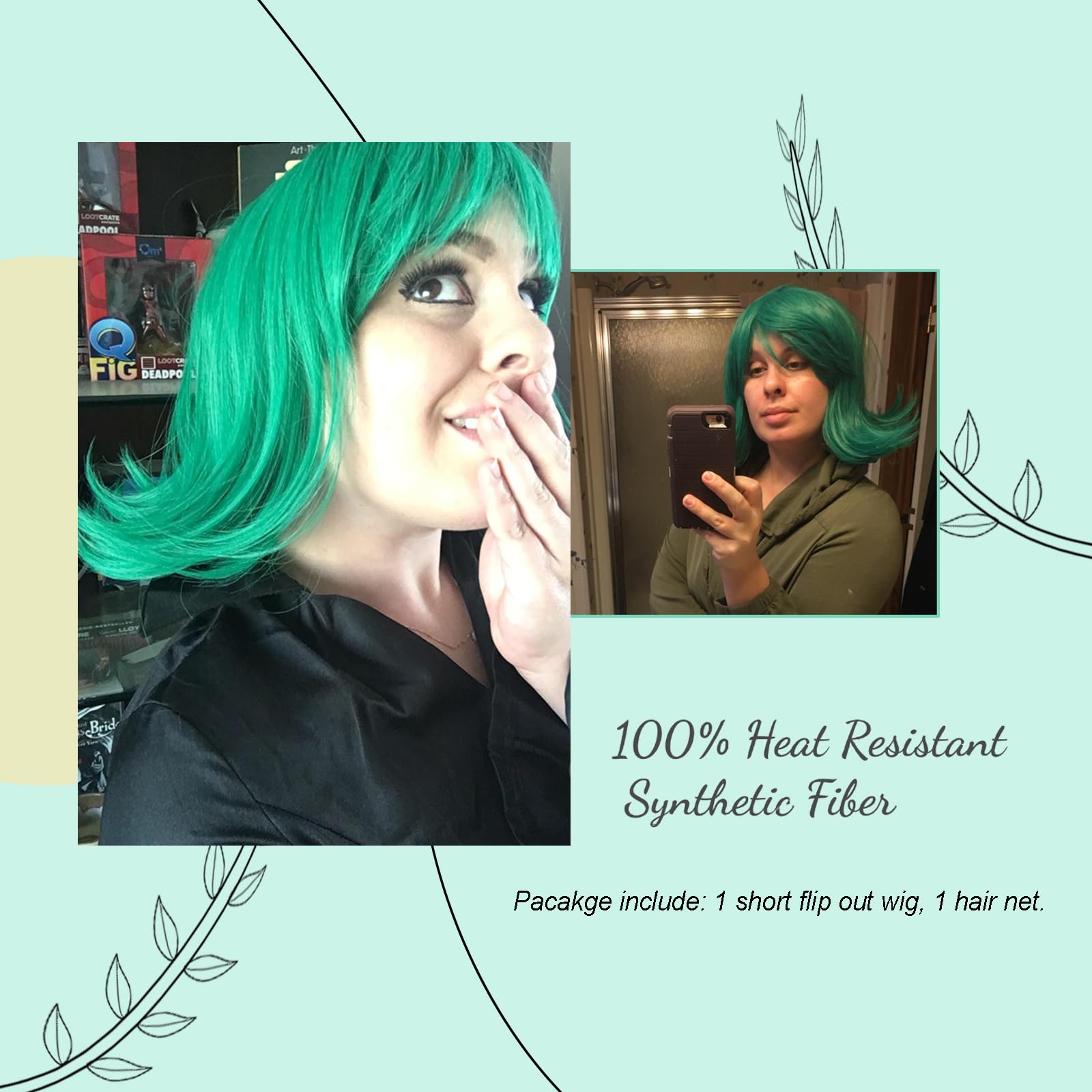 MORTICIA Short Straight Fillp out Green Bob holiday and vacations Costume Cosplay Wig with Purple Scarf