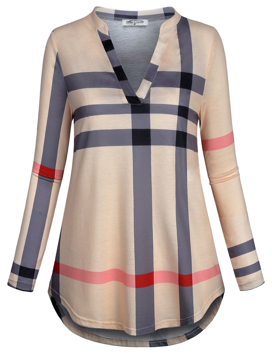 SeSe Code Work Blouses for Women, 2023 Tops for Leggings 3/4 Sleeve Fashion Tunic Checkered Business Casual Clothing Grey and Beige XXL