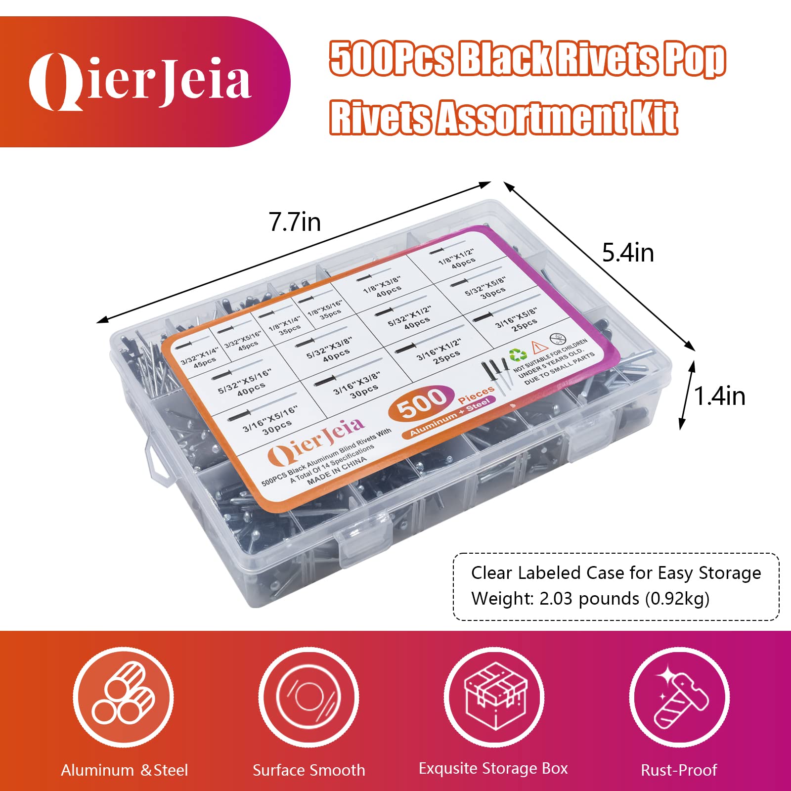 500pcs Black Rivets Pop Assortment Rivet Kit, Aluminum Assorted Blind Rivets 14 Sizes (3/32" 1/8" 5/32" 3/16"),with Reinfored Divider & Labeled Case