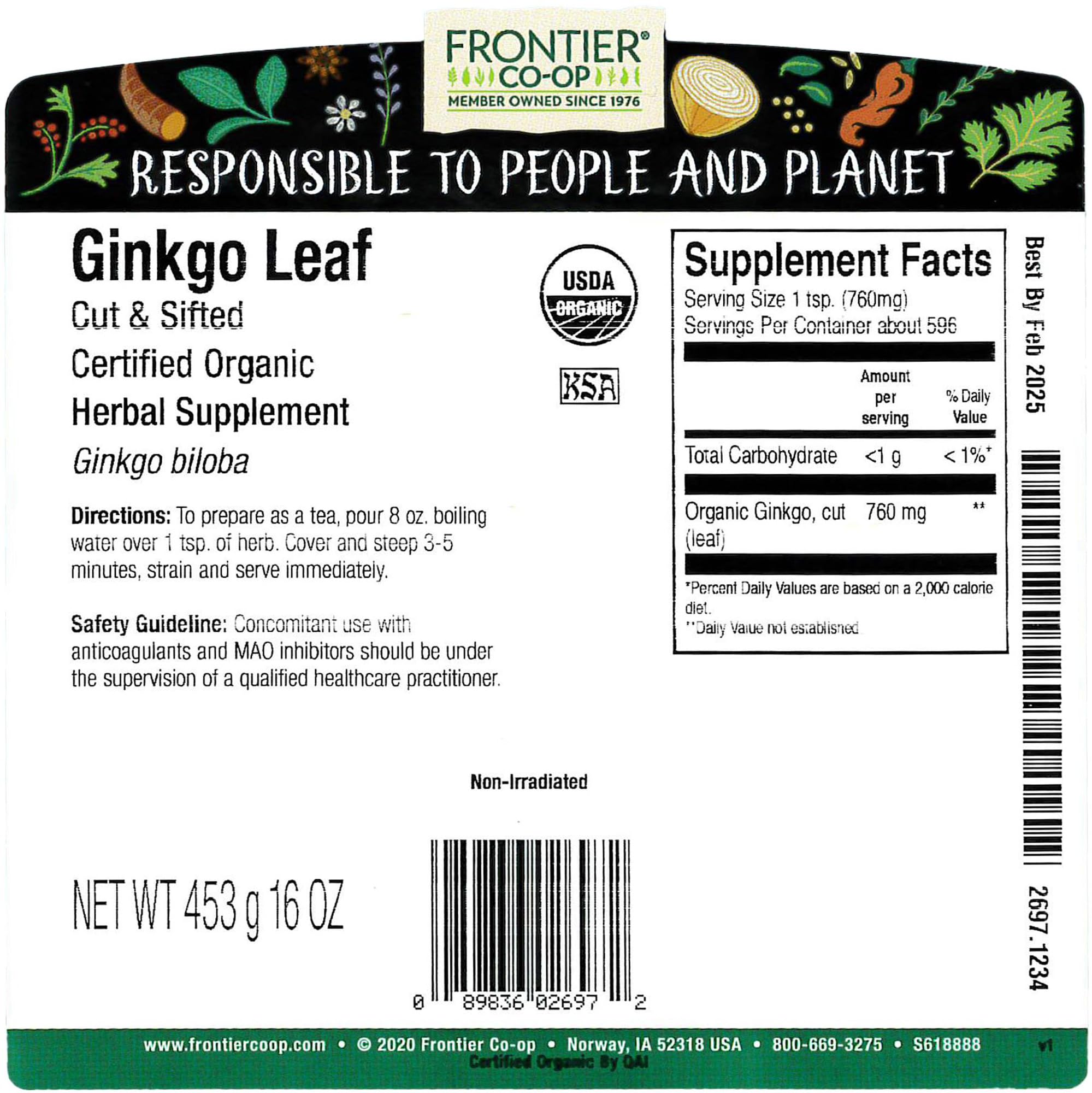 Frontier Co-op Organic Ginkgo Leaf, 1lb Bulk Bag, Cut and Sifted | Dried Ginkgo Biloba Leaf | Ideal for Tea and Herbal Uses, Kosher
