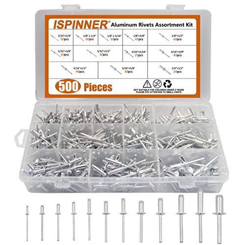 ISPINNER 500pcs 12 Sizes Aluminum Blind Rivets, Pop Rivets Assortment Kit 3/32" 1/8" 5/32" 3/16" 1/4" (Silver)