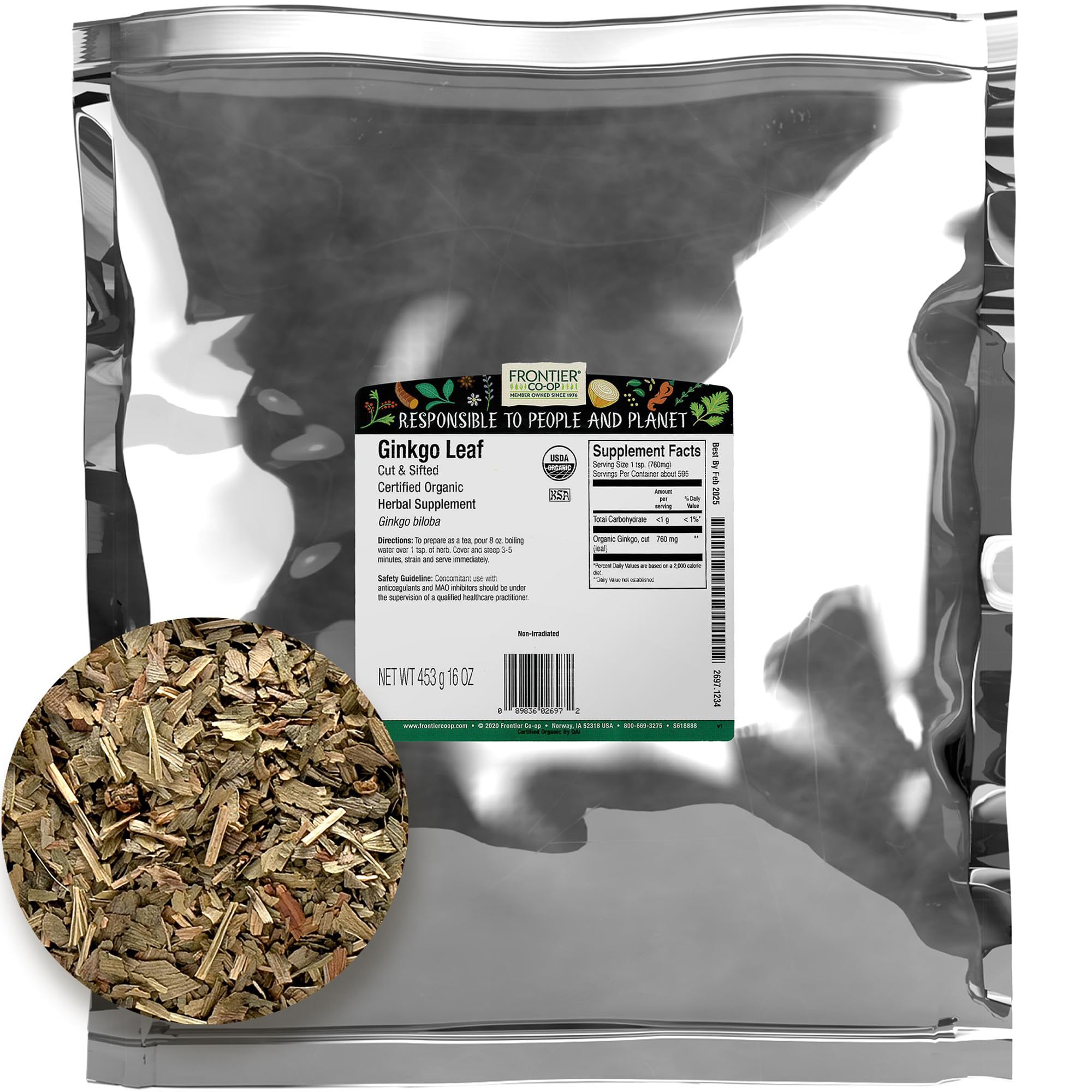 Frontier Co-op Organic Ginkgo Leaf, 1lb Bulk Bag, Cut and Sifted | Dried Ginkgo Biloba Leaf | Ideal for Tea and Herbal Uses, Kosher