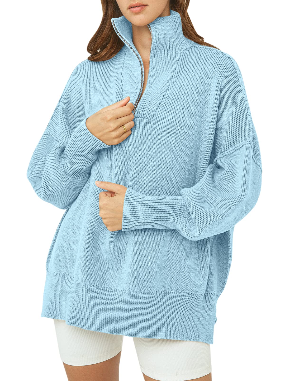ANRABESS Women's Oversized Fashion Long Sleeve Quarter Zip Baggy Loose Slouchy Sweater Pullover Tops 2024 Fall Outfits Light Blue Medium