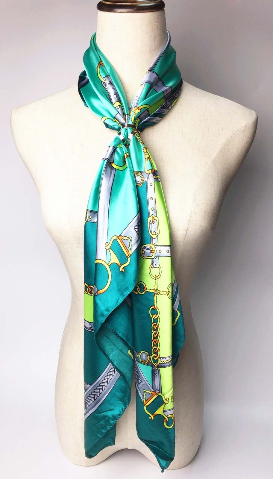 YOUR SMILE Silk Like Scarf Women's Fashion Pattern Large Square Satin Headscarf Headdress Green Chain (8)