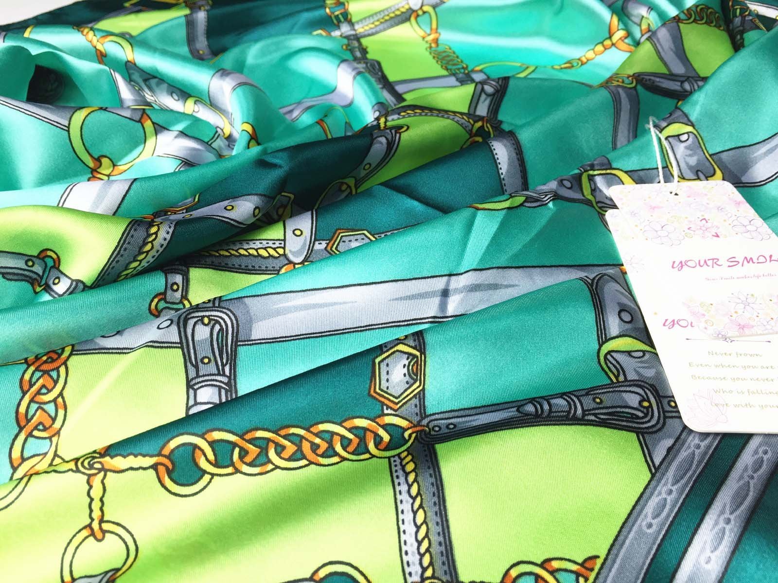 YOUR SMILE Silk Like Scarf Women's Fashion Pattern Large Square Satin Headscarf Headdress Green Chain (8)