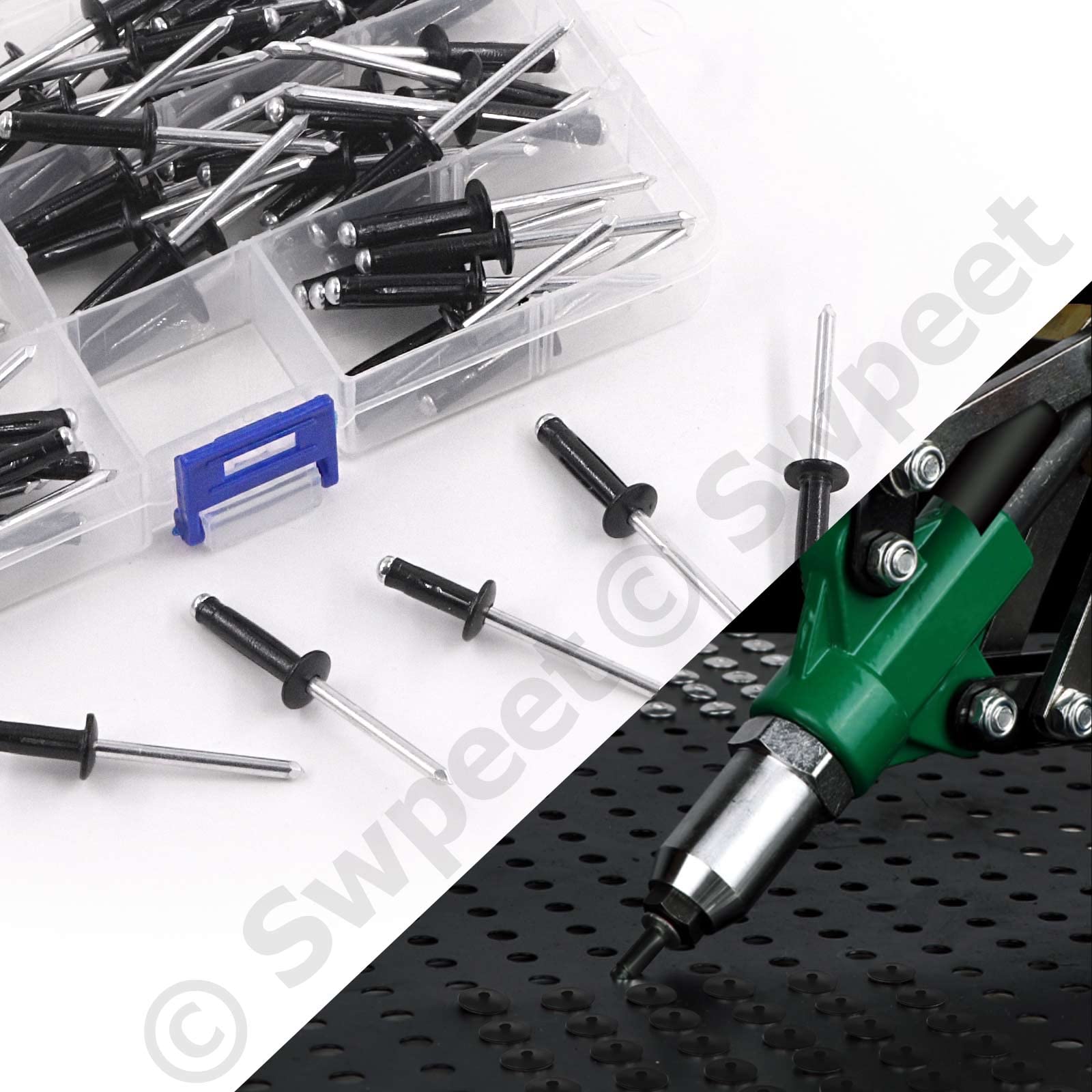 Swpeet 80Pcs 3/16" x 9/16" / 3/4" / 13/16" / 1" Aluminum Long Grip Tri-Grip Rivets Tri-Fold Tri Bulb Mounting Rivet Blind Rivets Assortment Kit, Tri-Grip Rivet Perfect for Deep Water Installing Boat