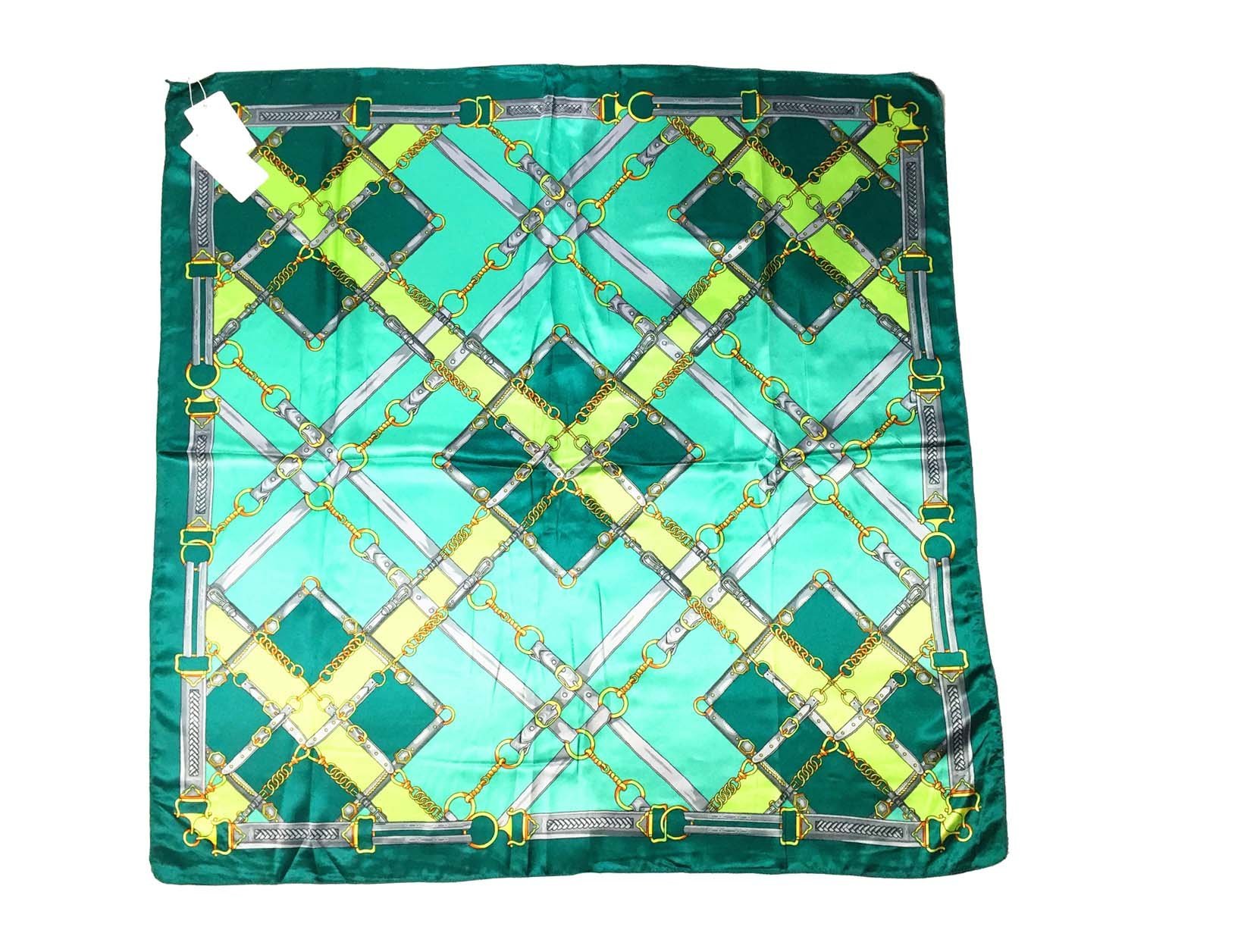 YOUR SMILE Silk Like Scarf Women's Fashion Pattern Large Square Satin Headscarf Headdress Green Chain (8)