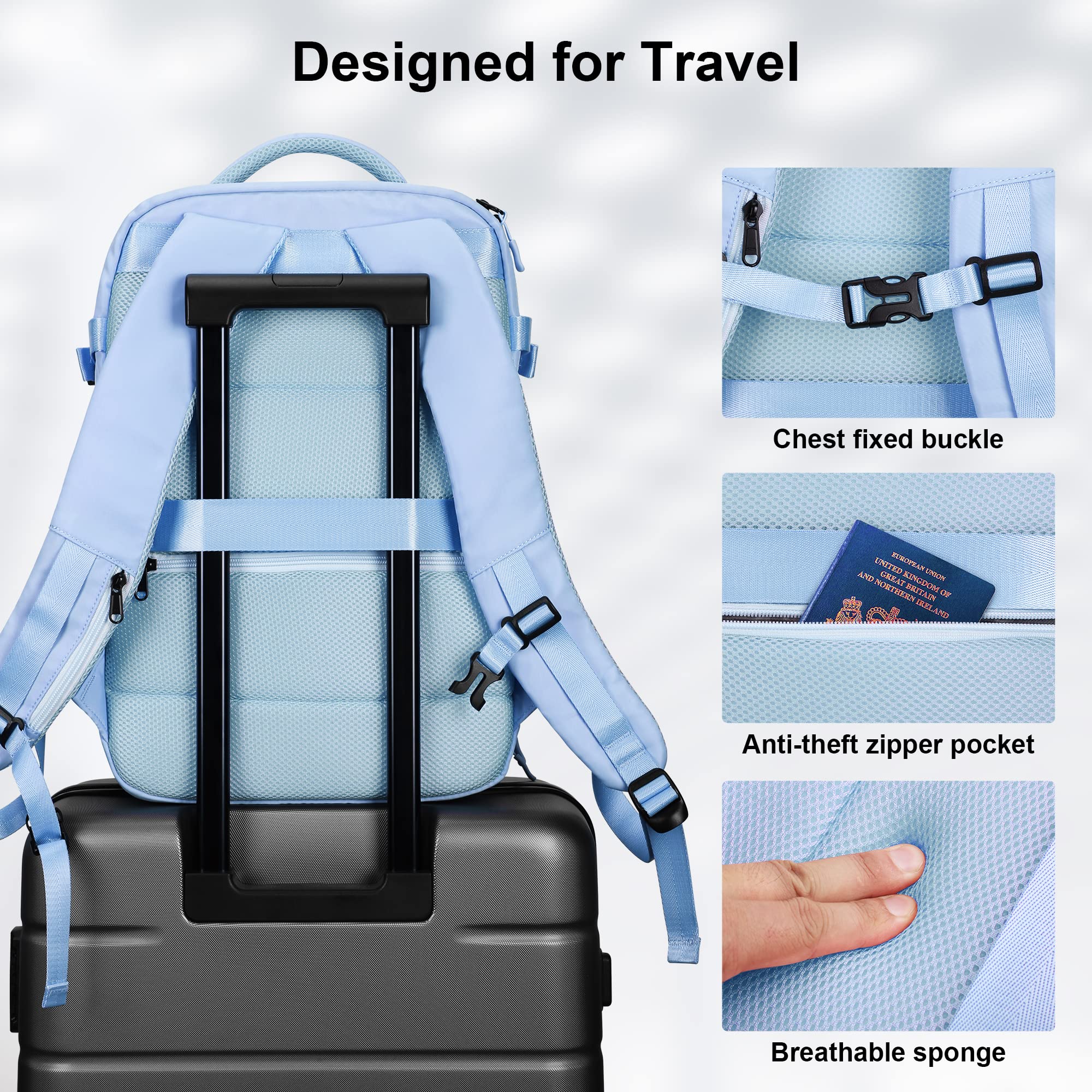 HOMIEE Carry on Backpack for Airplanes, 15.6 Inch Travel Laptop Backpack College Bag with USB Charging Port, Personal Item Size, Dry Wet Separation, Blue