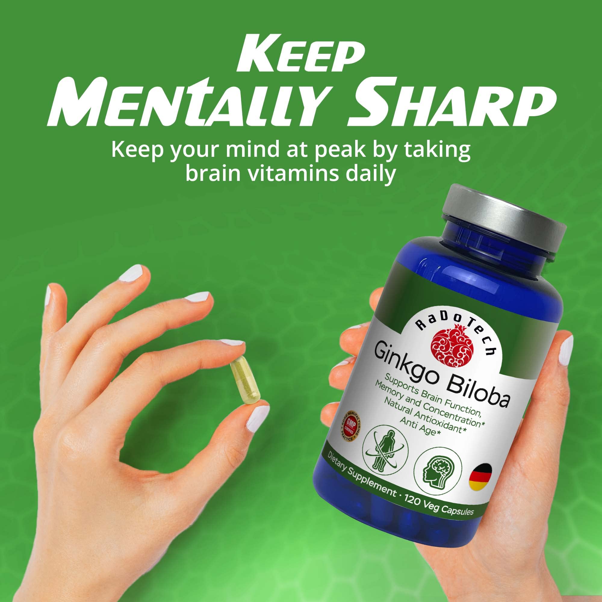 RaDoTech Ginkgo Biloba Support Brain Function, Supplements for Memory and Focus, Natural Antioxidant-Rich, Promotes Overall Health, 120 Vegetarian Capsules, GMP