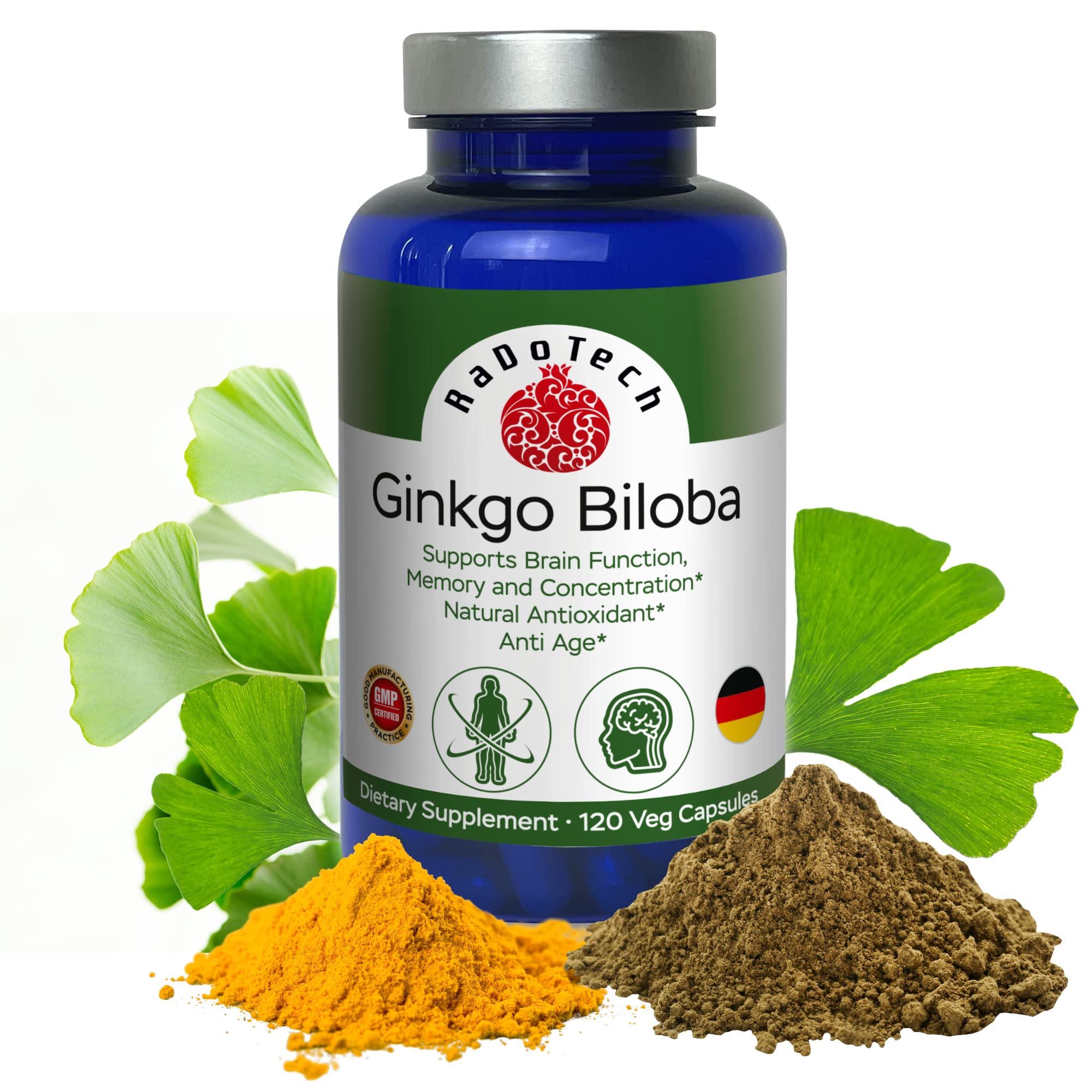RaDoTech Ginkgo Biloba Support Brain Function, Supplements for Memory and Focus, Natural Antioxidant-Rich, Promotes Overall Health, 120 Vegetarian Capsules, GMP