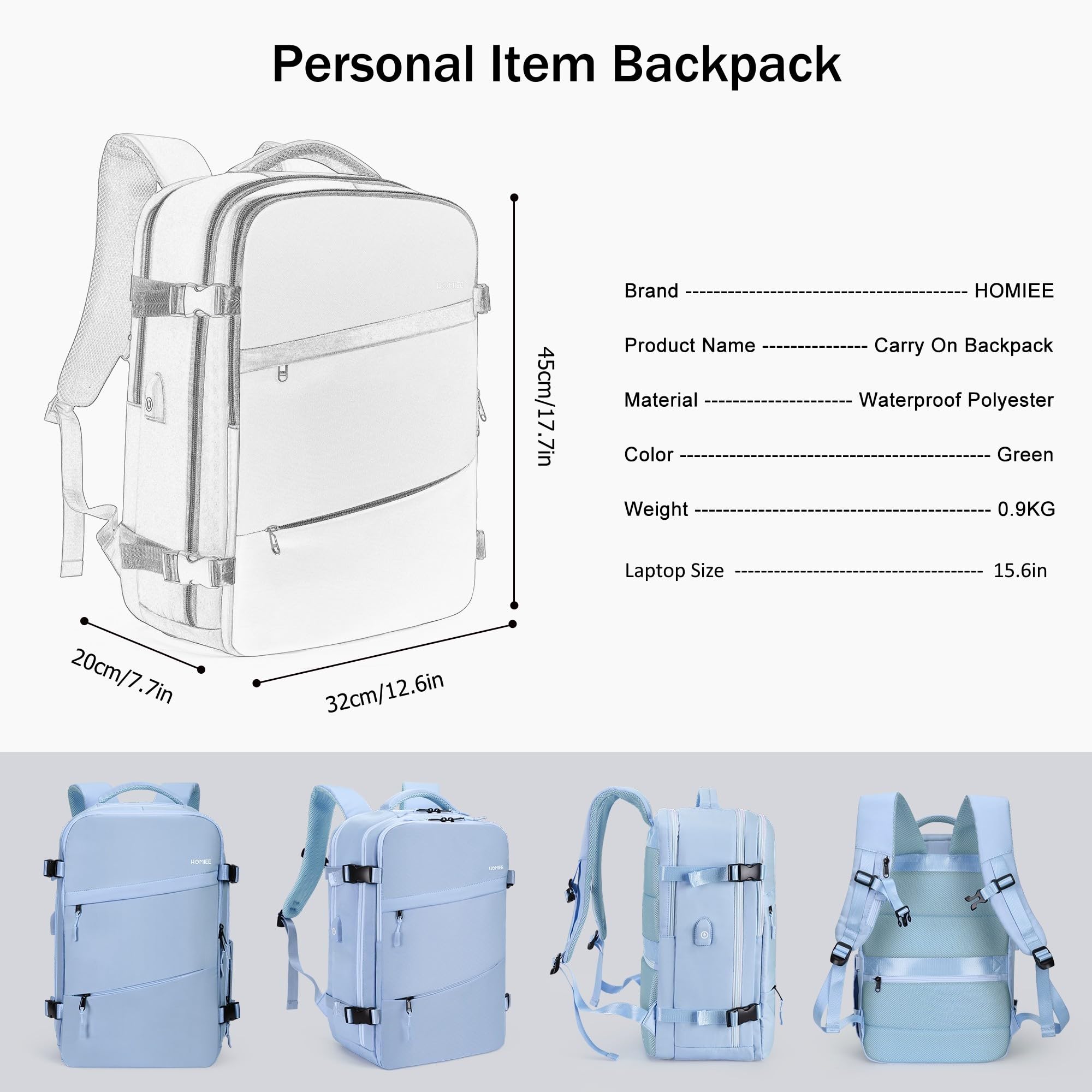 HOMIEE Carry on Backpack for Airplanes, 15.6 Inch Travel Laptop Backpack College Bag with USB Charging Port, Personal Item Size, Dry Wet Separation, Blue